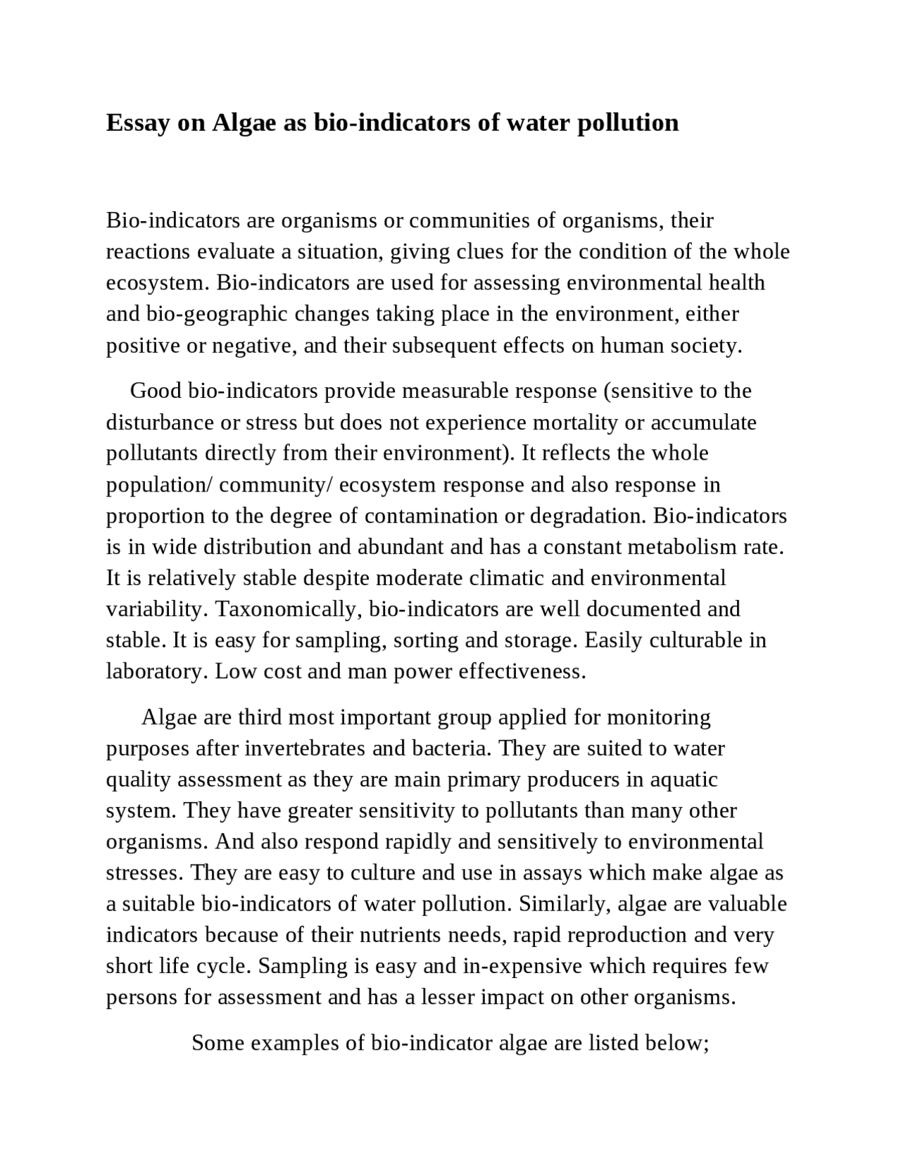 Algae as bio-indicator | Essays (university) Botany and Agronomy | Docsity