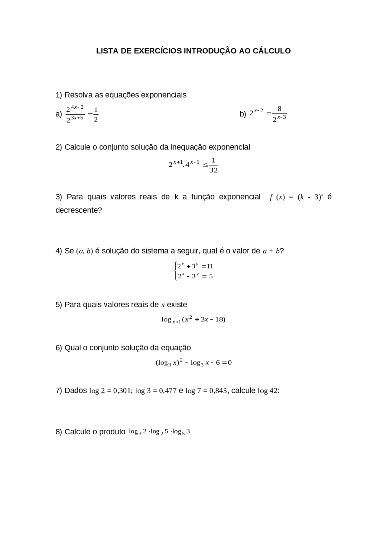 Lista De Exercícios Pré Cálculo Docsity