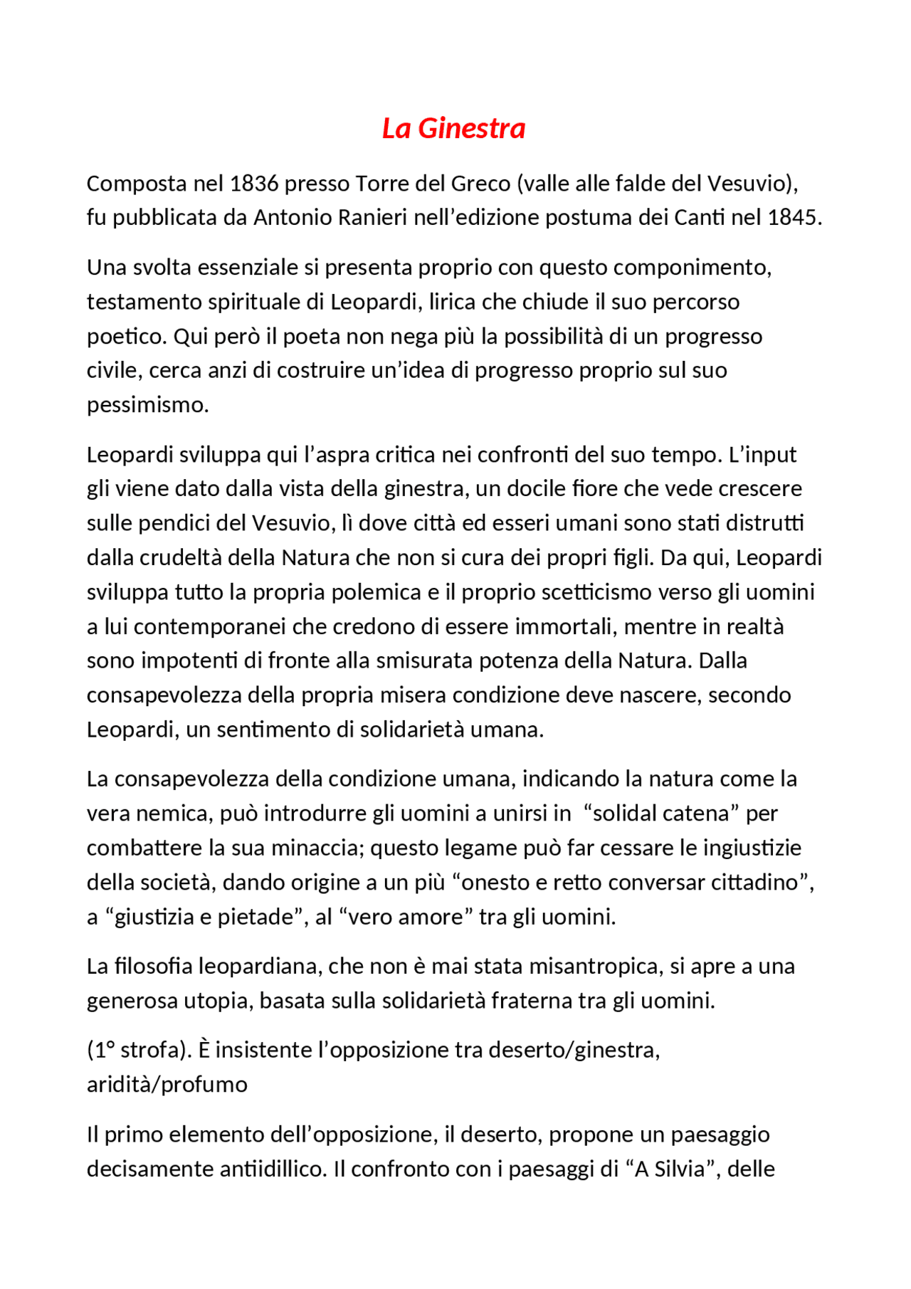 La Ginestra Leopardi Docsity