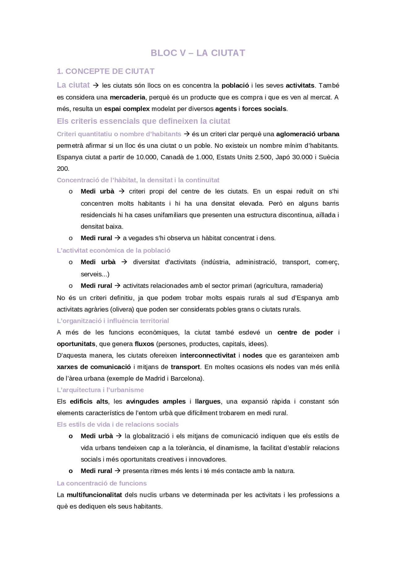 Bloc V - La ciutat i els seus tipus - Docsity