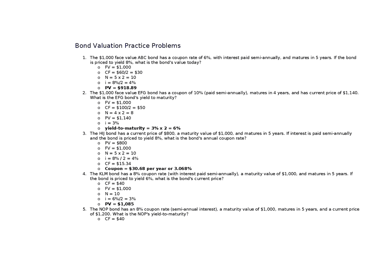 Bond Valuation Practice Problems Exercises Mathematics Docsity