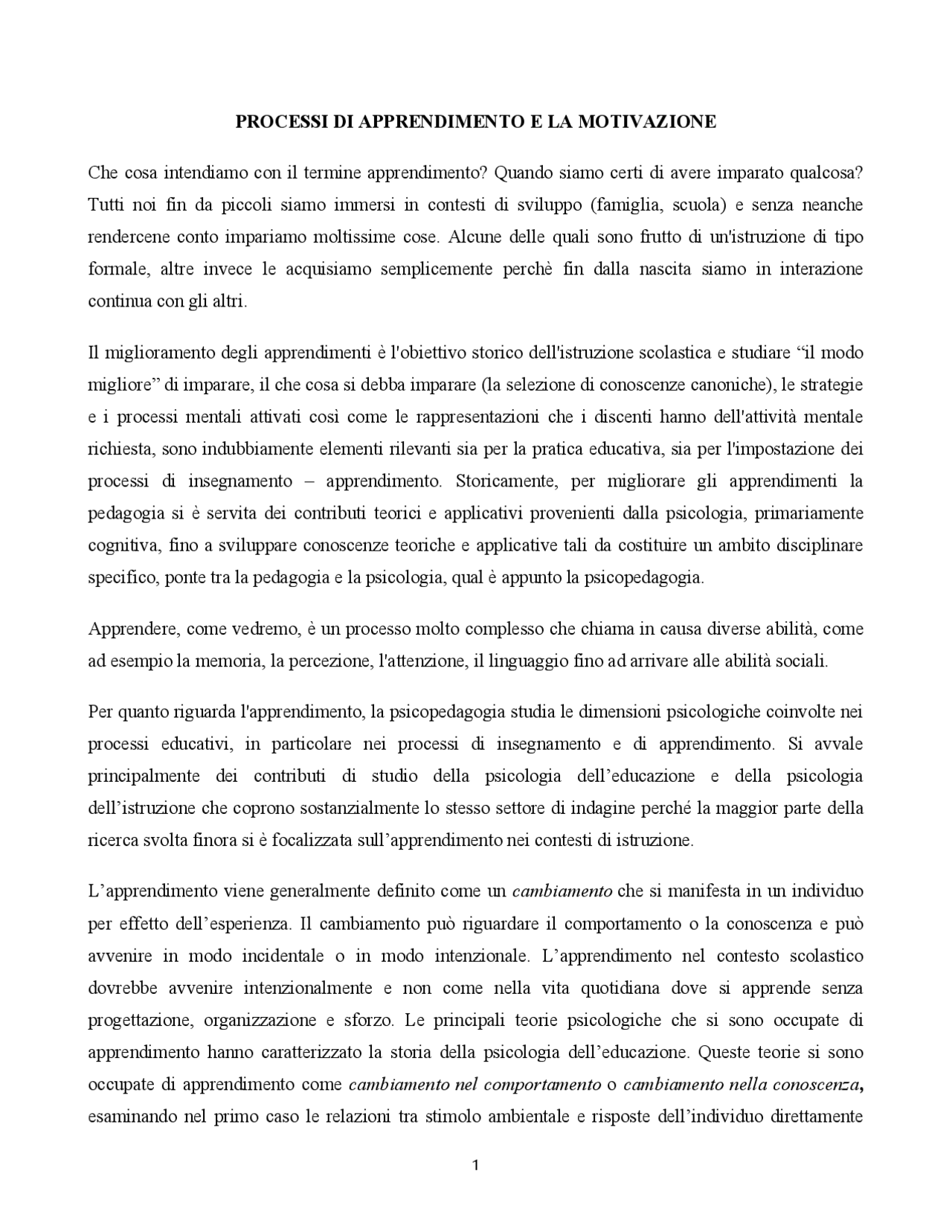 Processi Di Apprendimento E Motivazione Docsity