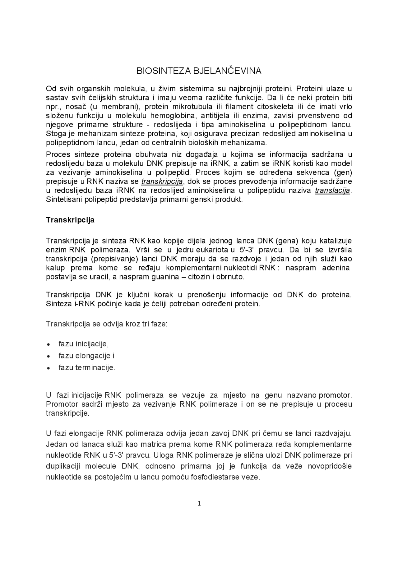 Biosinteza bijelančevina: transkripcija i translacija | Skripte' predlog Biohemija - Docsity
