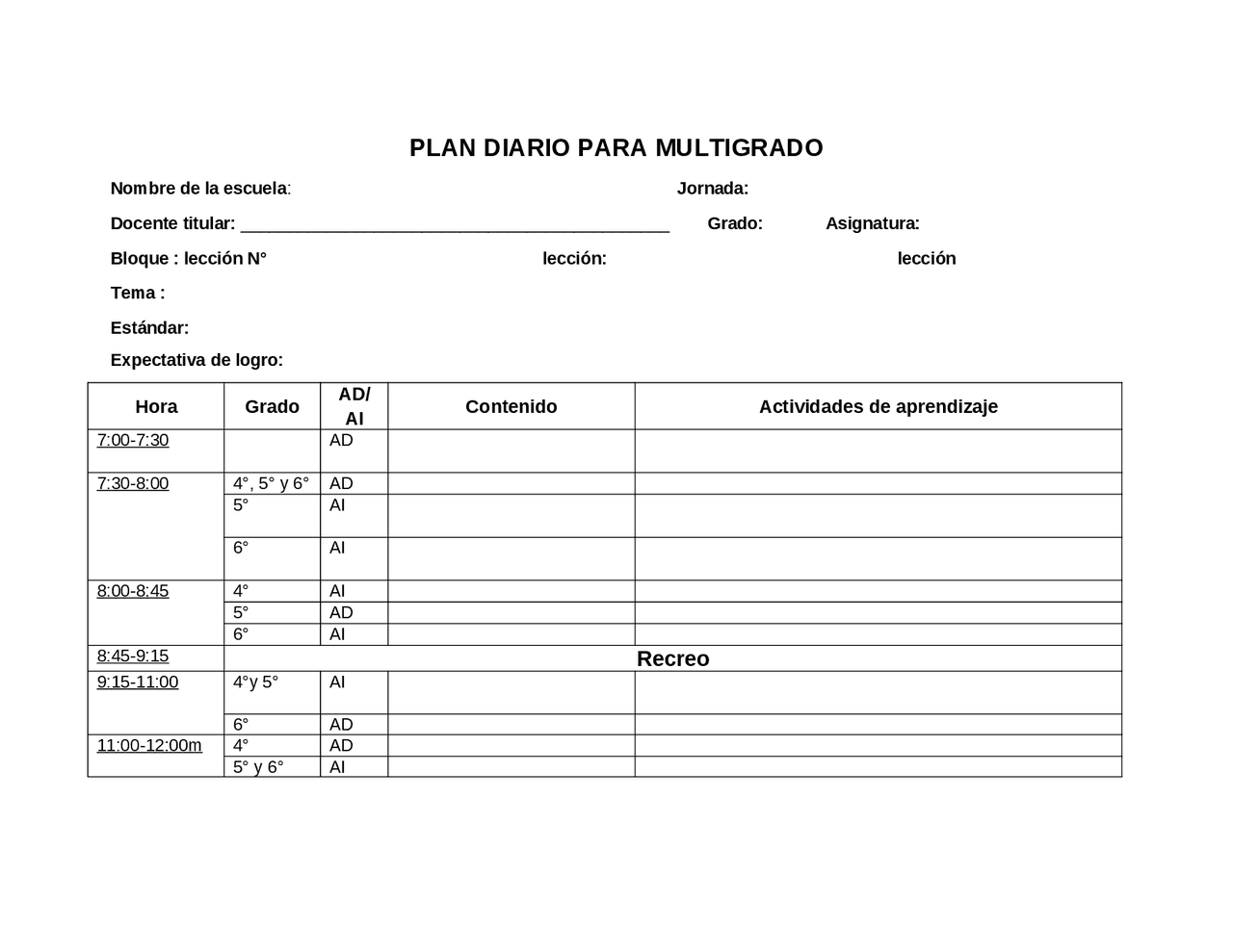 Plan multigrado en blanco - Docsity
