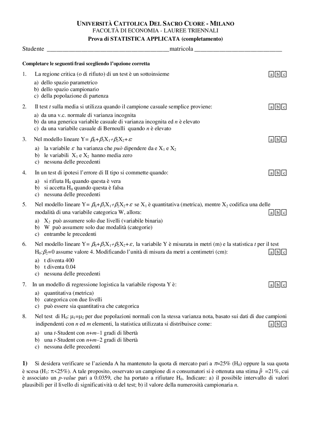 Prova Desame Statistica Applicata Prof Deldossi Cattolica Docsity