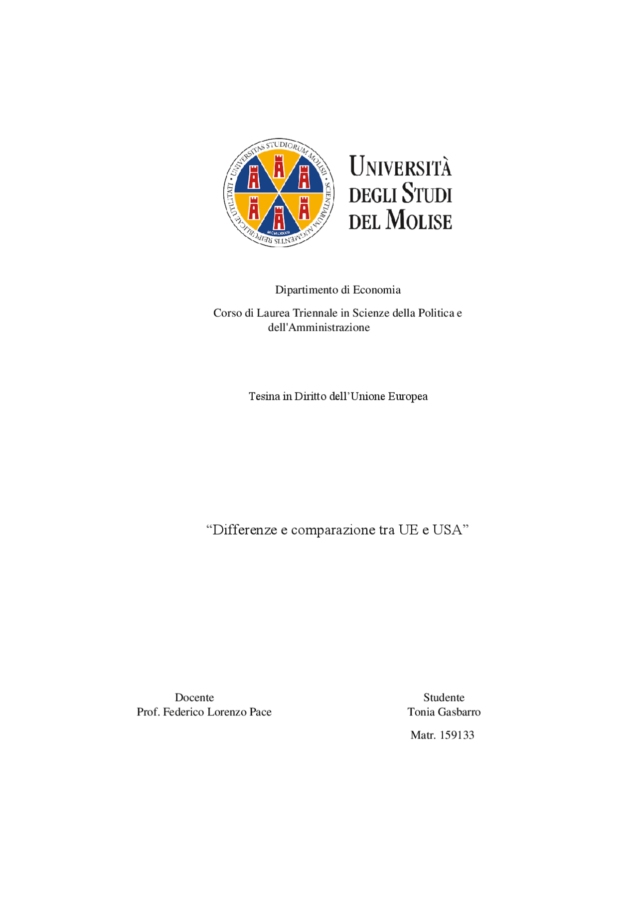 Diritto dell'Unione europea - differenze e comparazioni tra UE e USA - Docsity