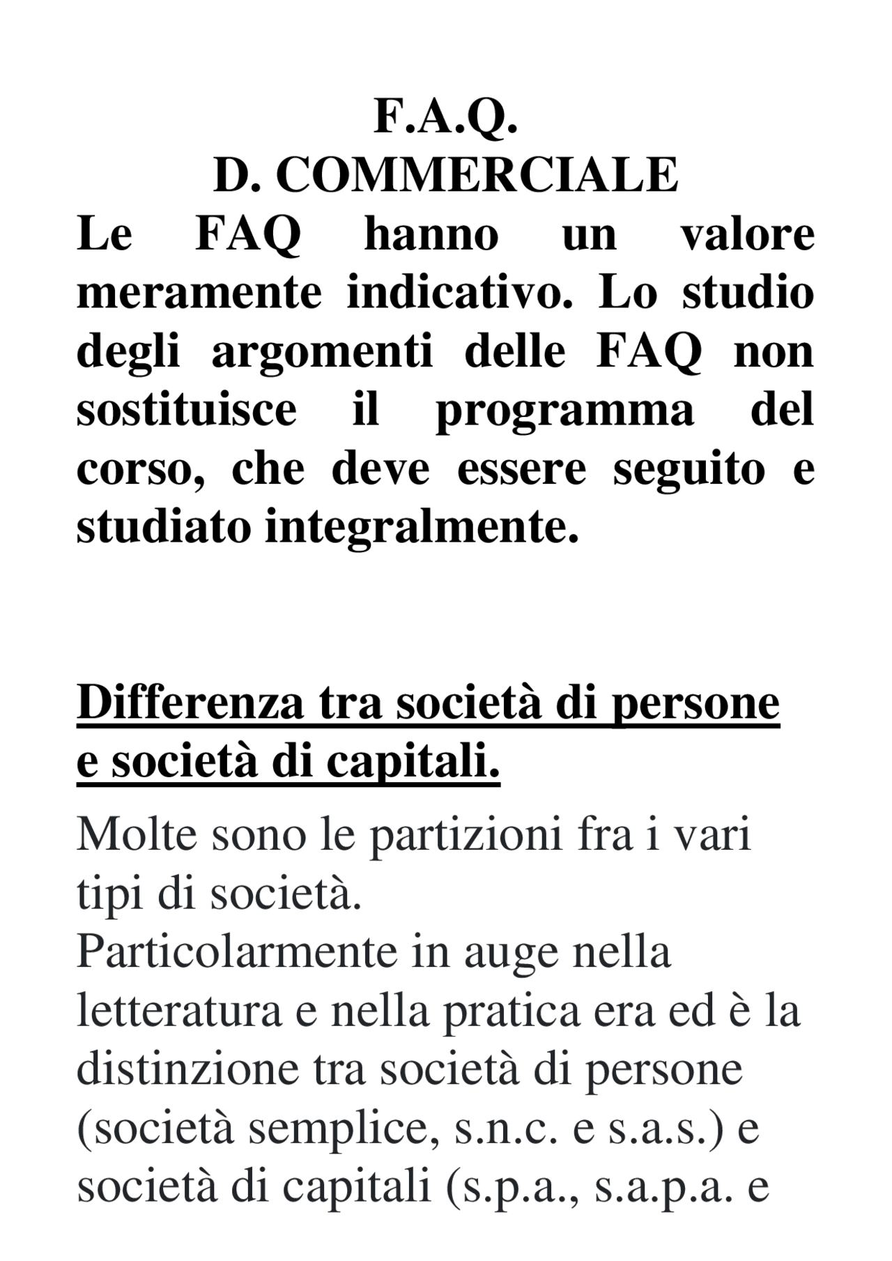 Diritto Commerciale Unicusano Faq Docsity