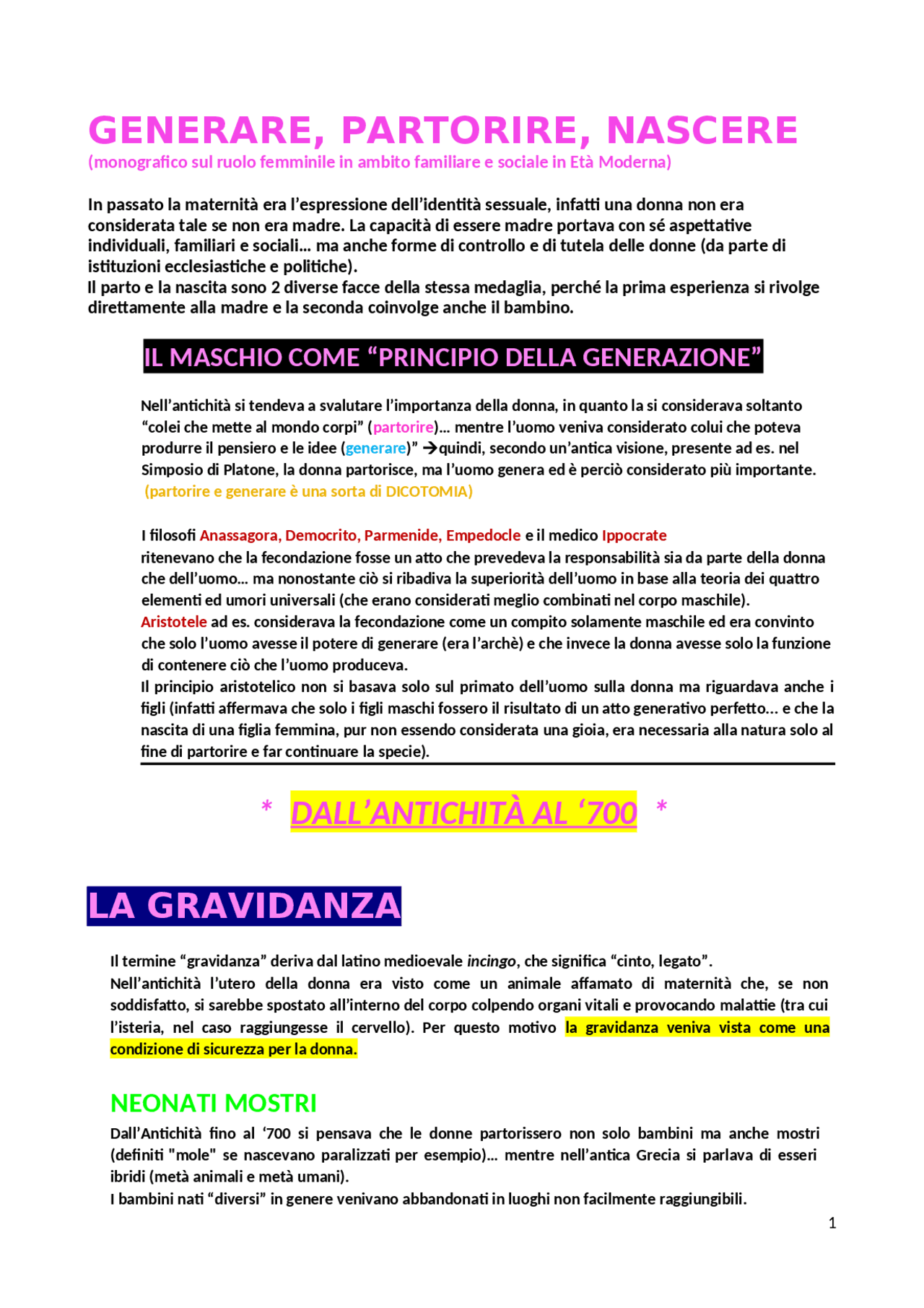 Generare Partorire Nascere Docsity