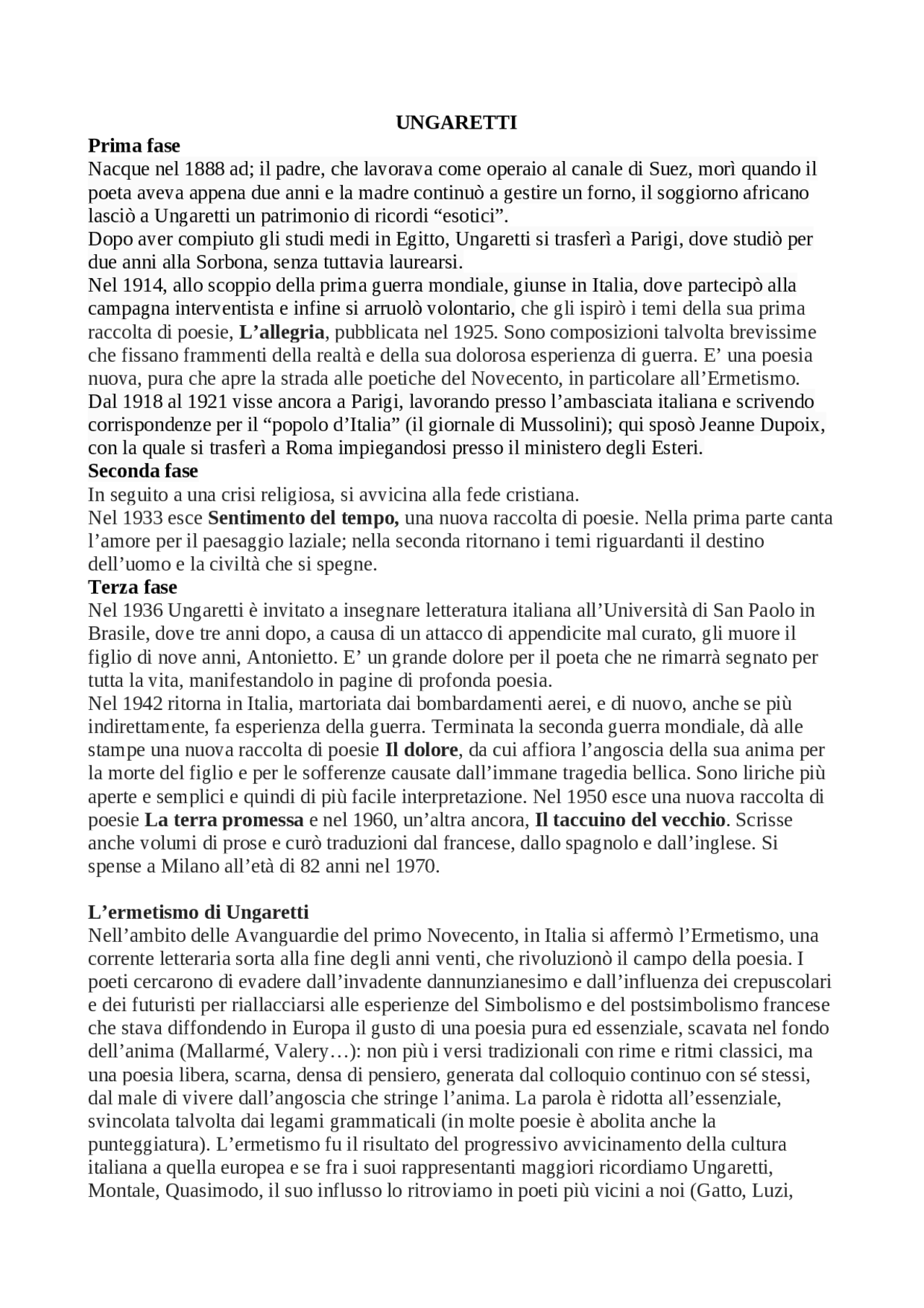 Giuseppe Ungaretti Vita Opere E Pensiero Docsity