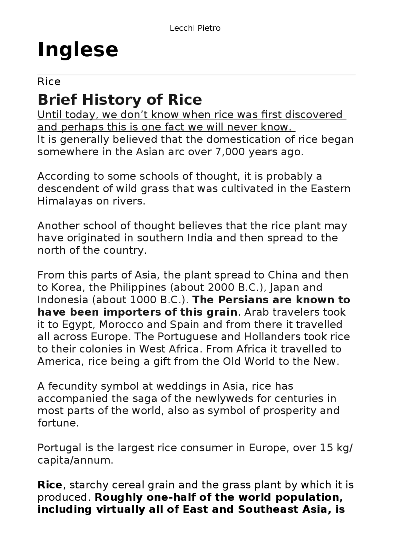 Rice history - storia del riso e approfondimenti - Docsity