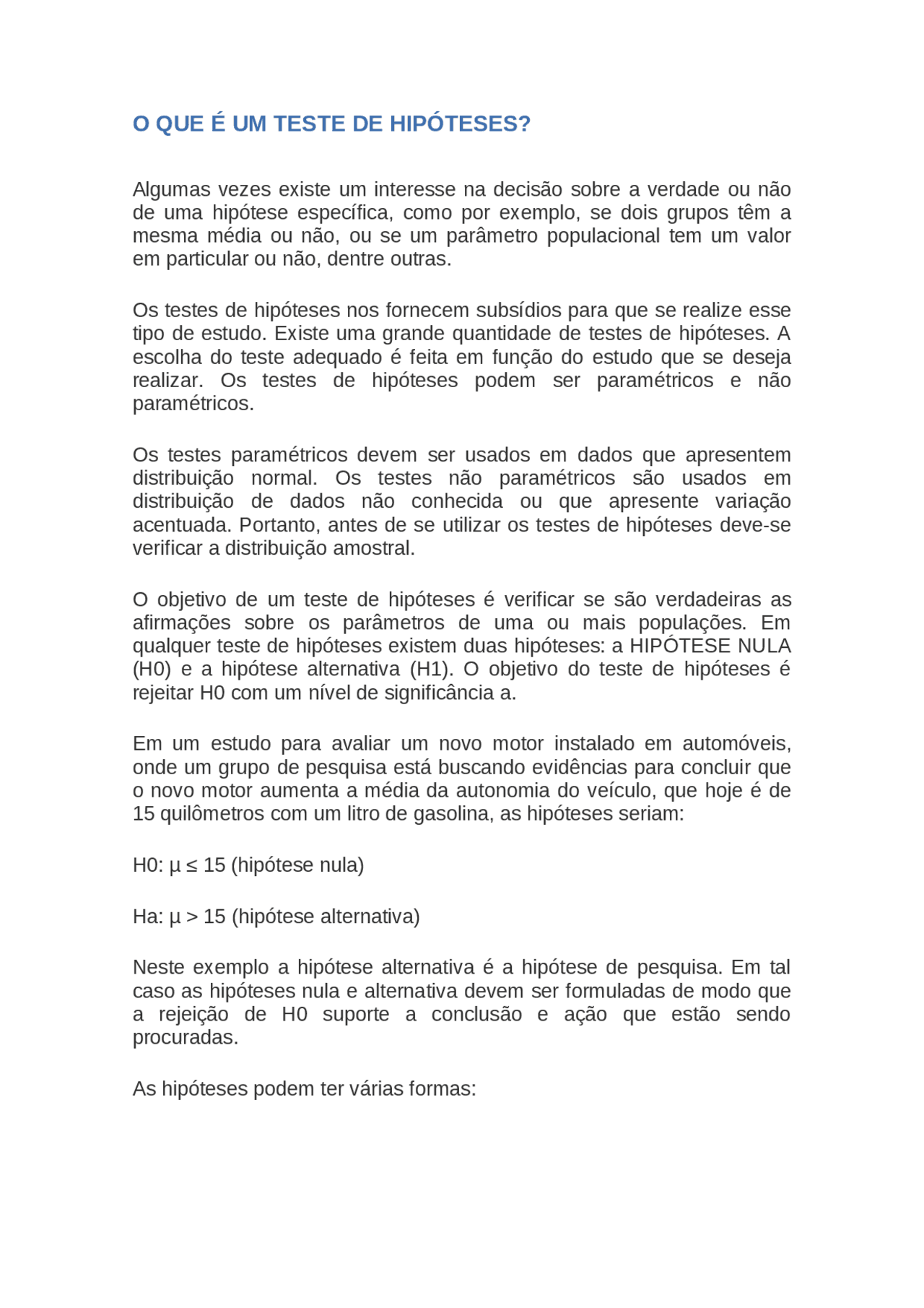 O QUE É UM TESTE DE HIPÓTESES - Docsity