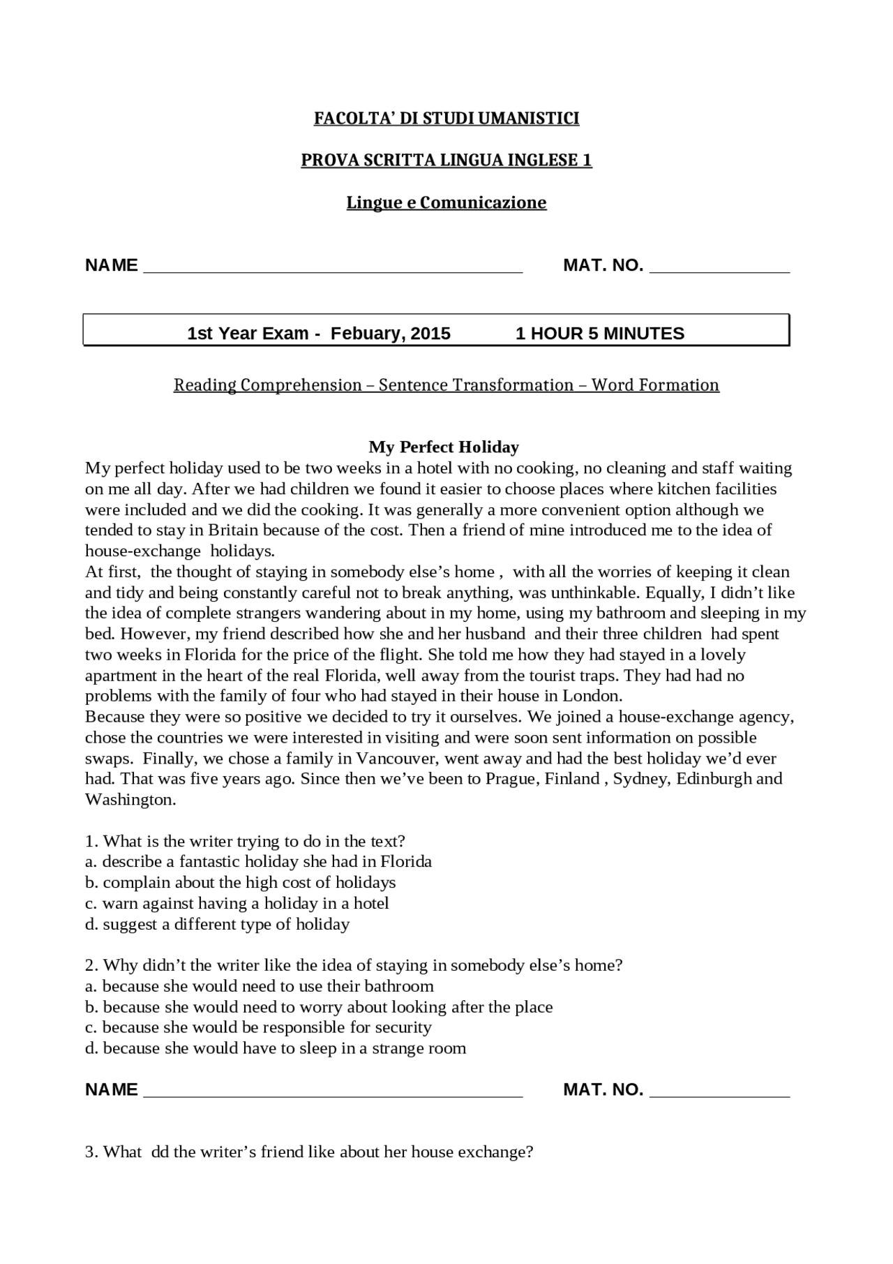 Simulazioni Prove Desame Lingua Inglese Writing Docsity