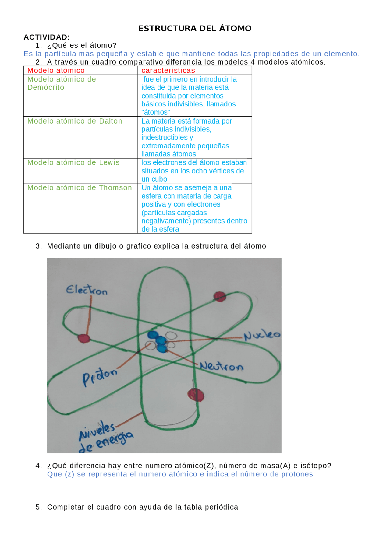 Hoja De Trabajo Sobre La Estructura Del átomo