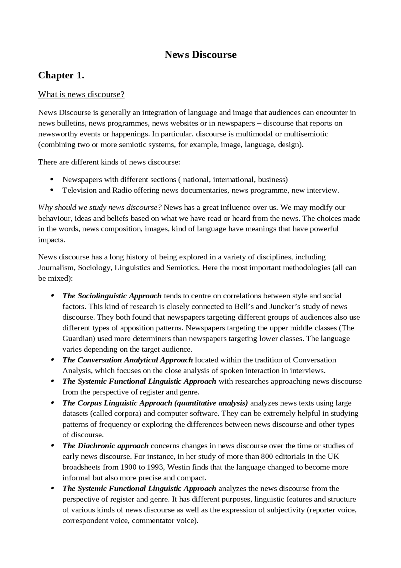 News Discourse - Primi 3 capitoli. - Docsity