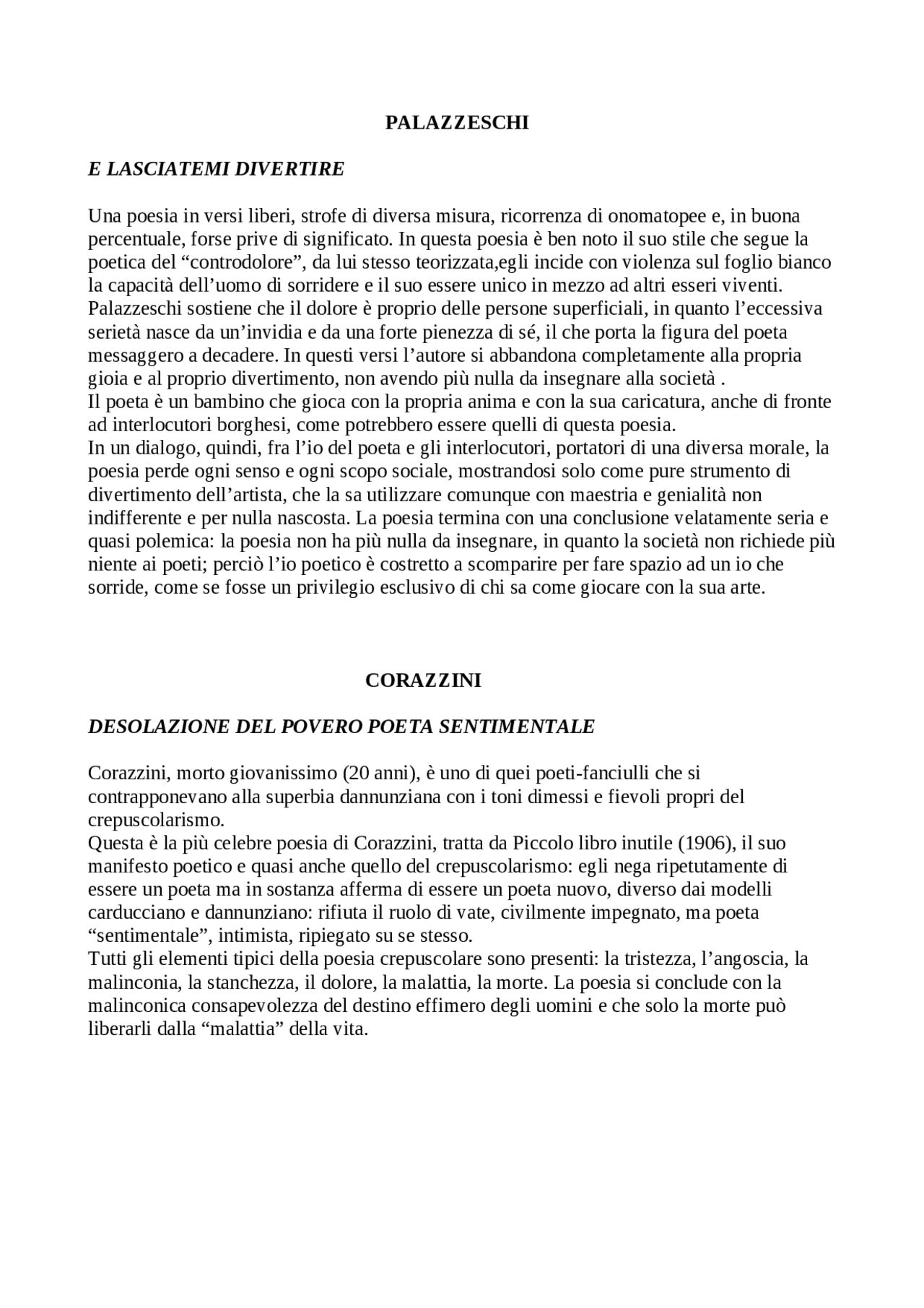 Aldo Palazzeschi E Sergio Corazzini Docsity