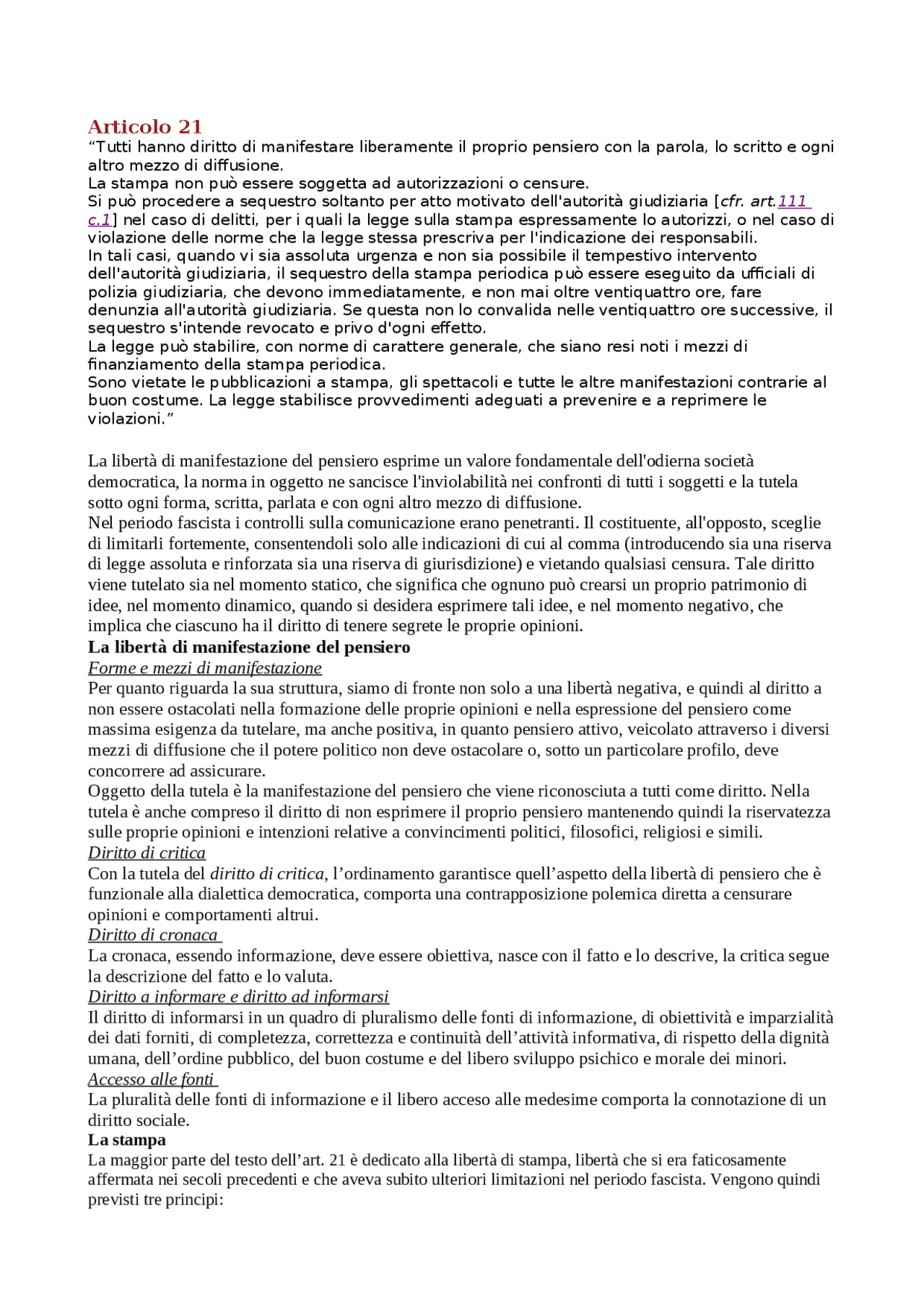 Articolo 21 della Costituzione Italiana: spiegazione sintesi - Docsity