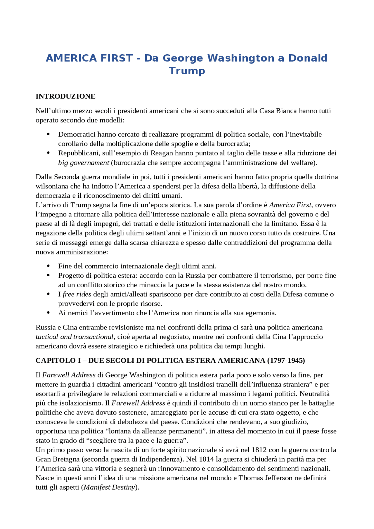America First - da George Washington a Donald Trump - Docsity