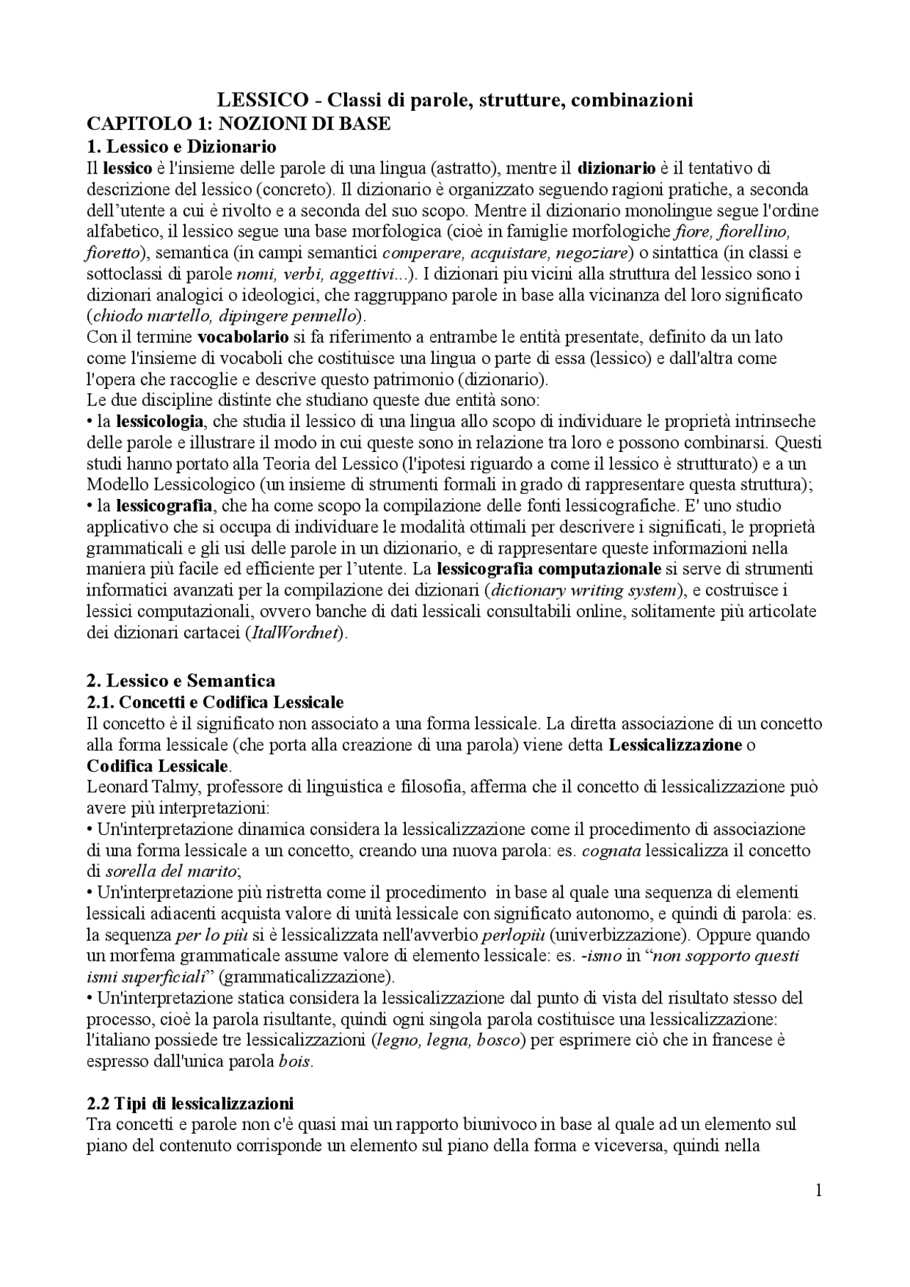 Lessico Classi Di Parole Strutture Combinazioni Docsity