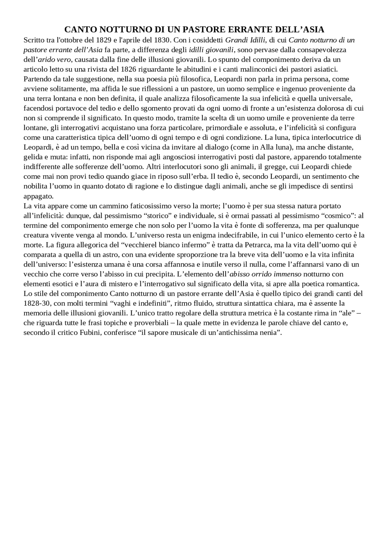 Analisi Canto Notturno di Un Pastore Errante dell'Asia - Giacomo Leopardi - Docsity