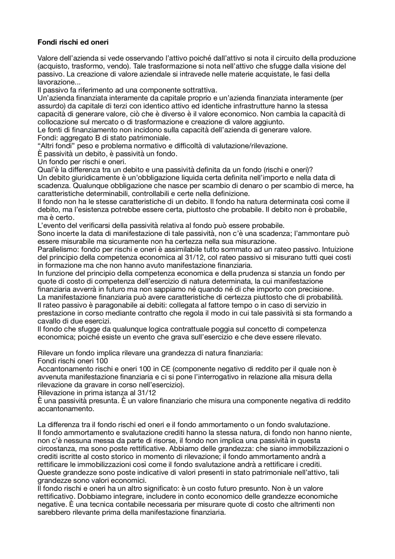 Fondo rischi e oneri - Docsity