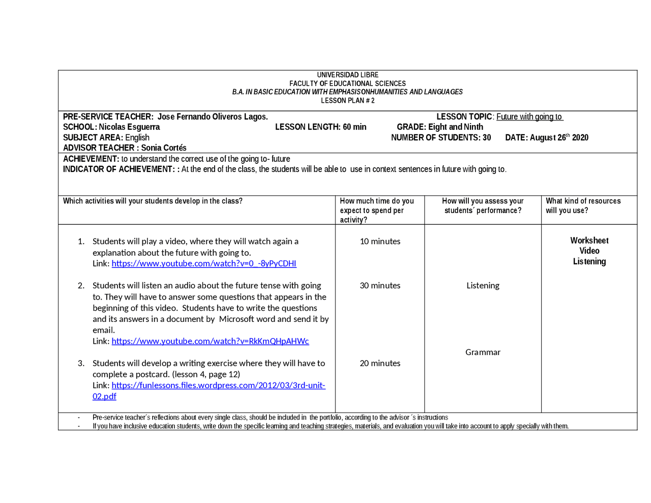 Lesson plan future going to - Docsity