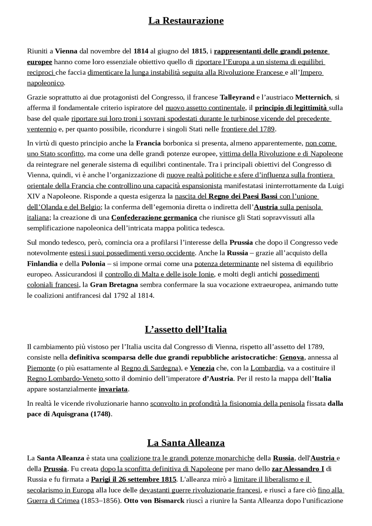 La Restaurazione Storia Appunti Docsity