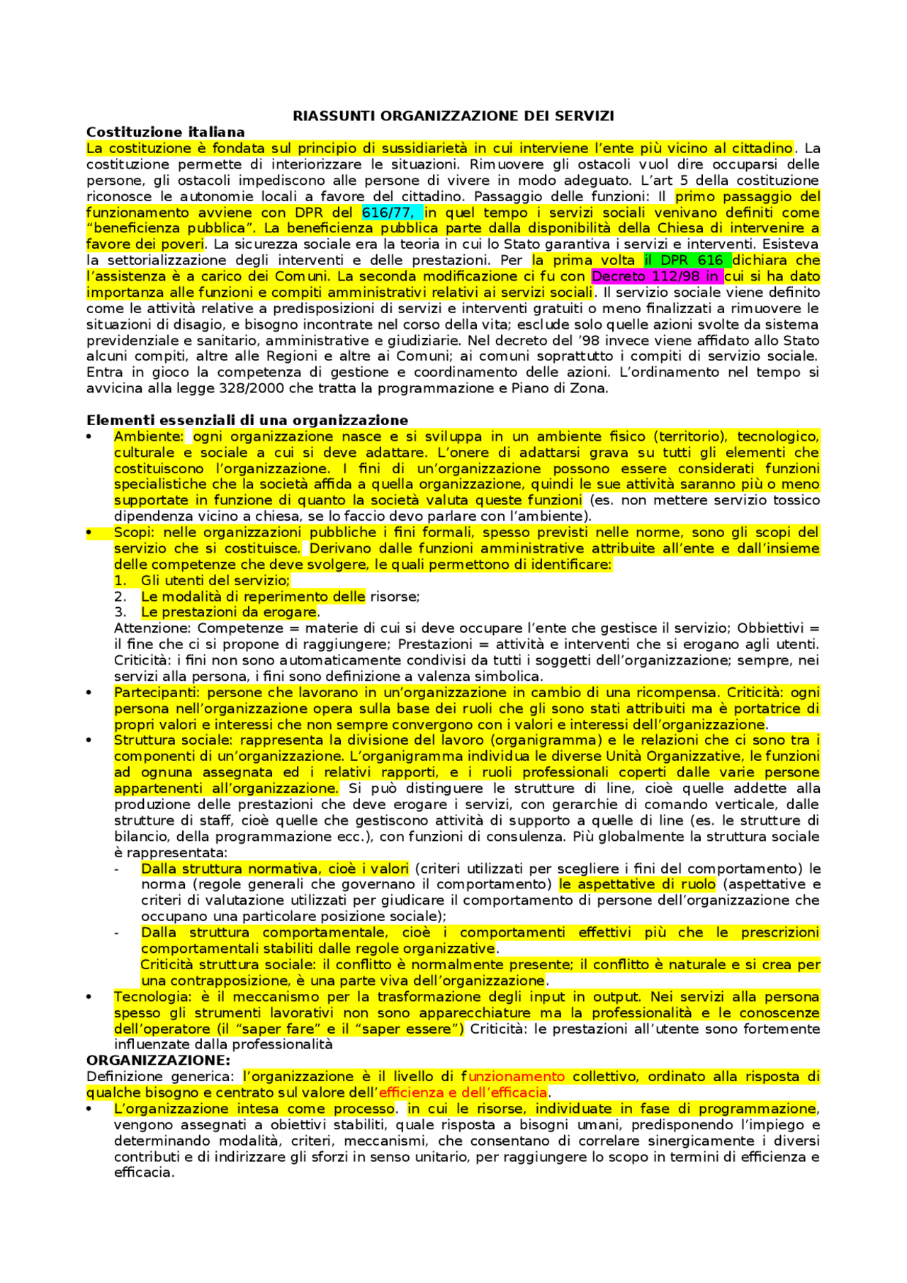 Riassunto Organizzazione Dei Servizi Docsity