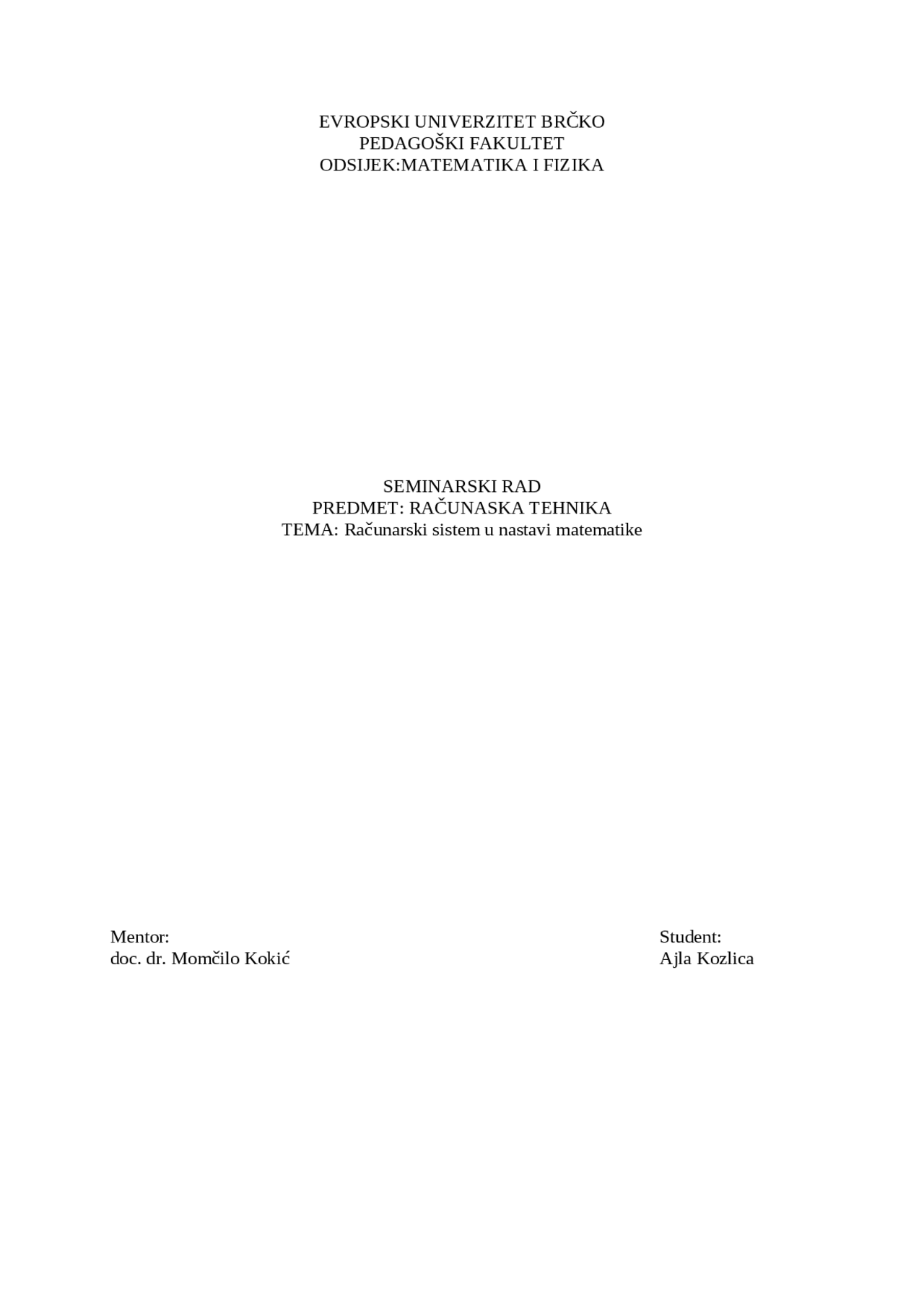 Računarski Sistem U Nastavi Matematike Esej Predlog Informatika