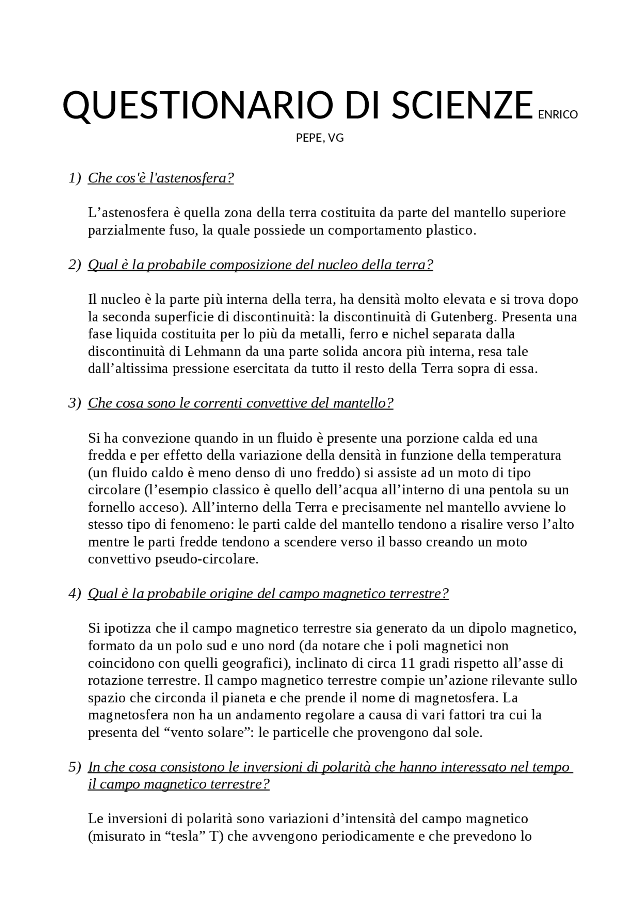 Questionario Di Scienze Della Terra Appunti Di Scienze Della Terra