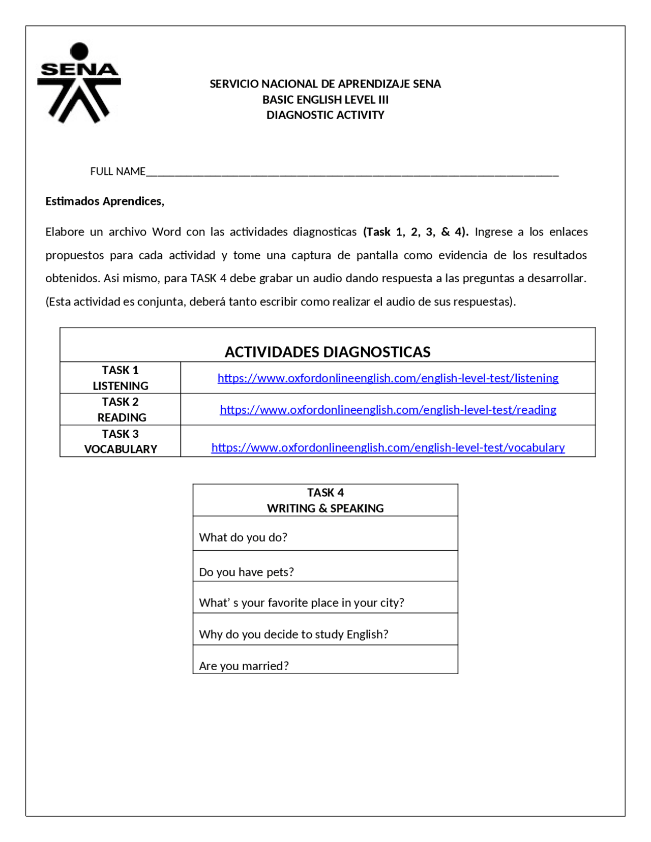 Actividad Inglés Básico Docsity