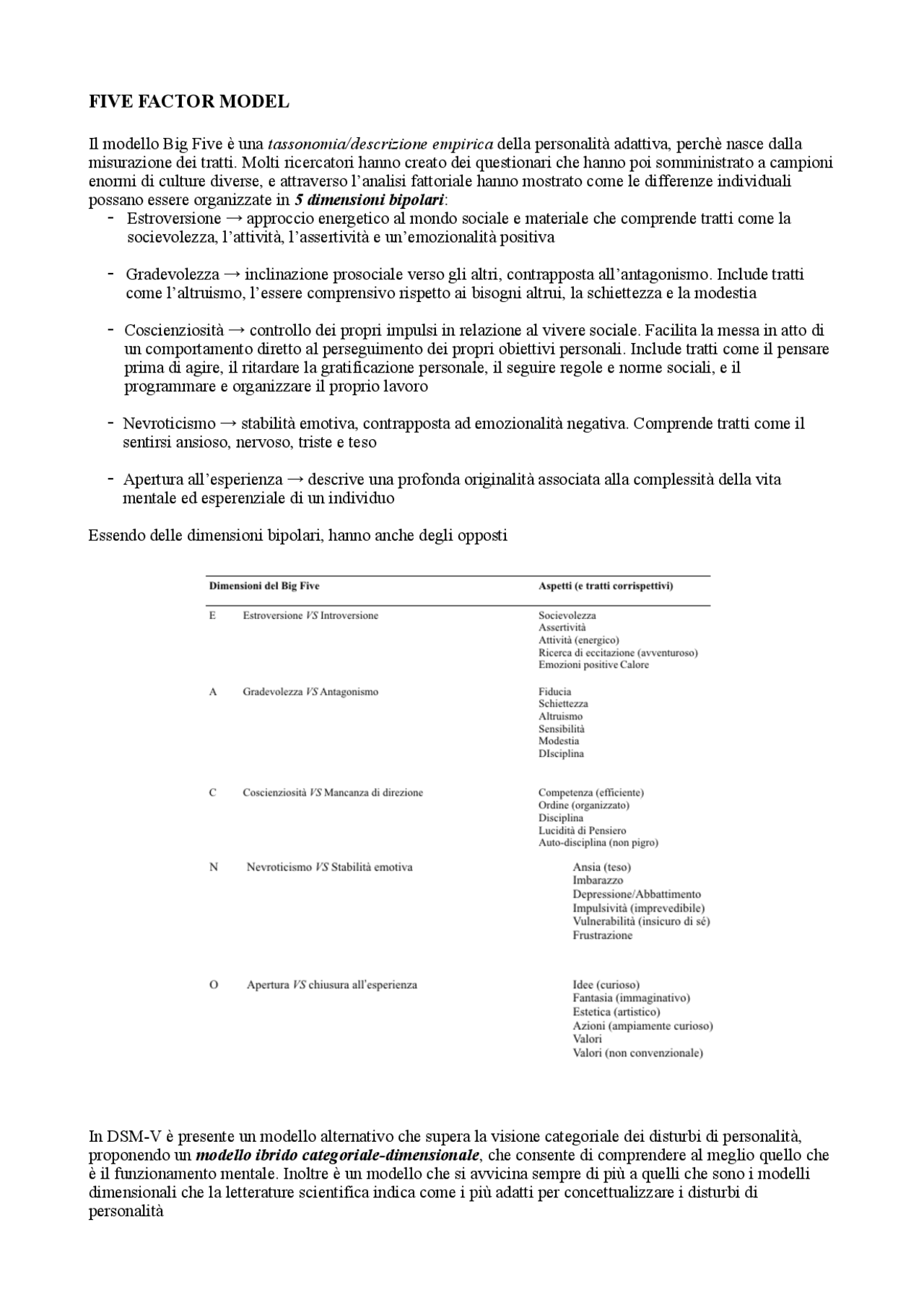 Lezione sulla Five factor model - Docsity