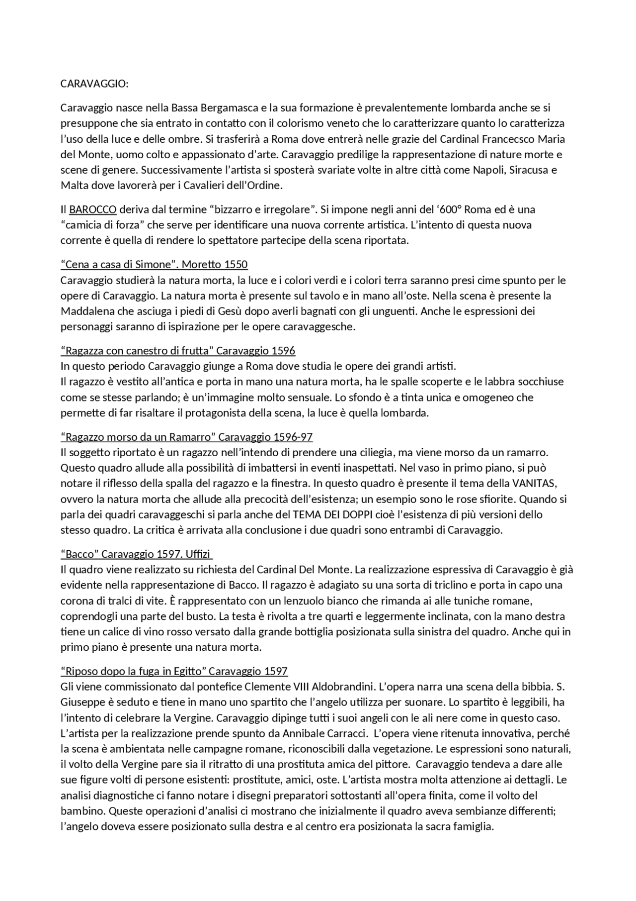 Riassunto sulla vita e le opere di Caravaggio - Docsity