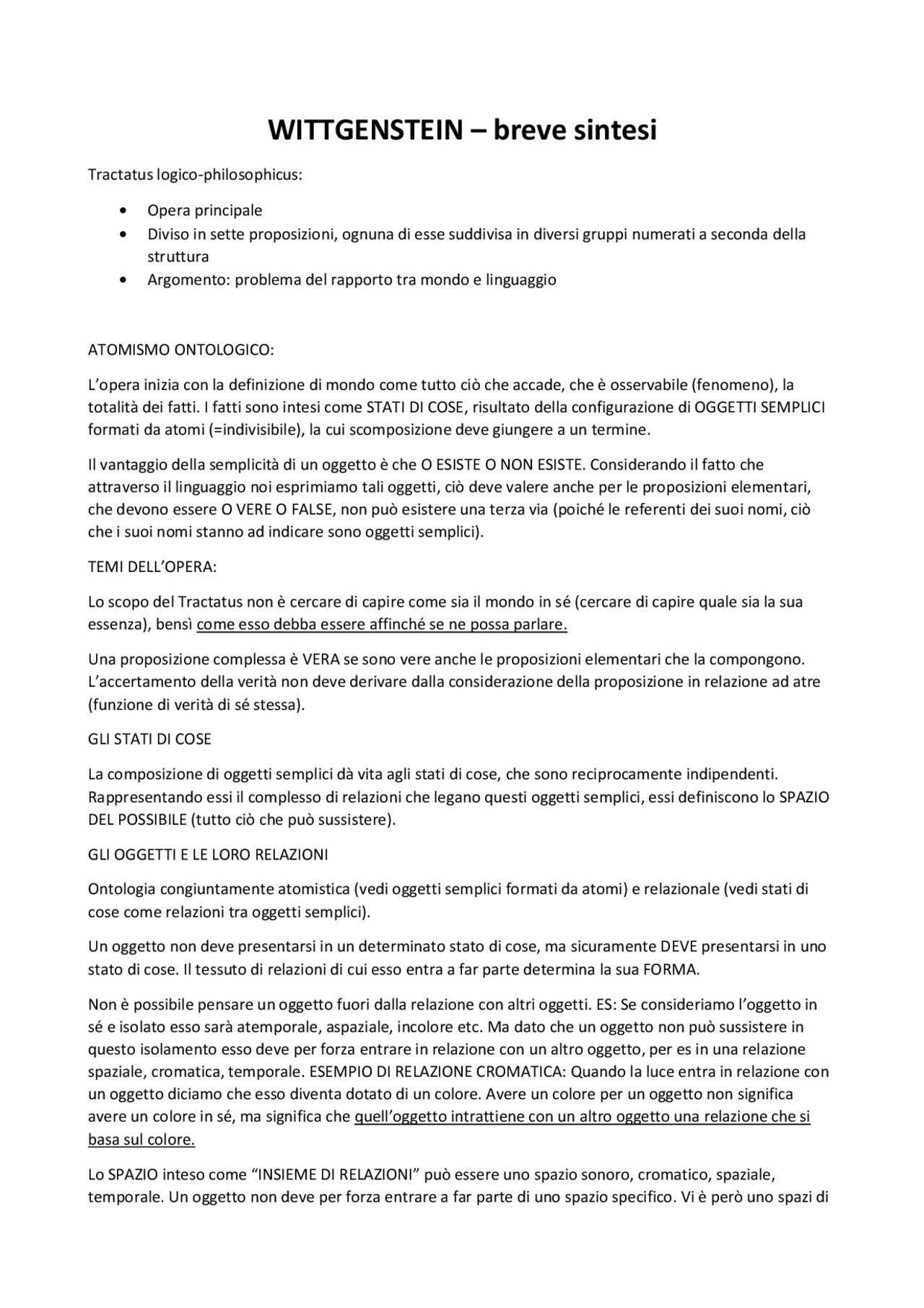 Schema Riassuntivo Wittgenstein Filosofia Docsity