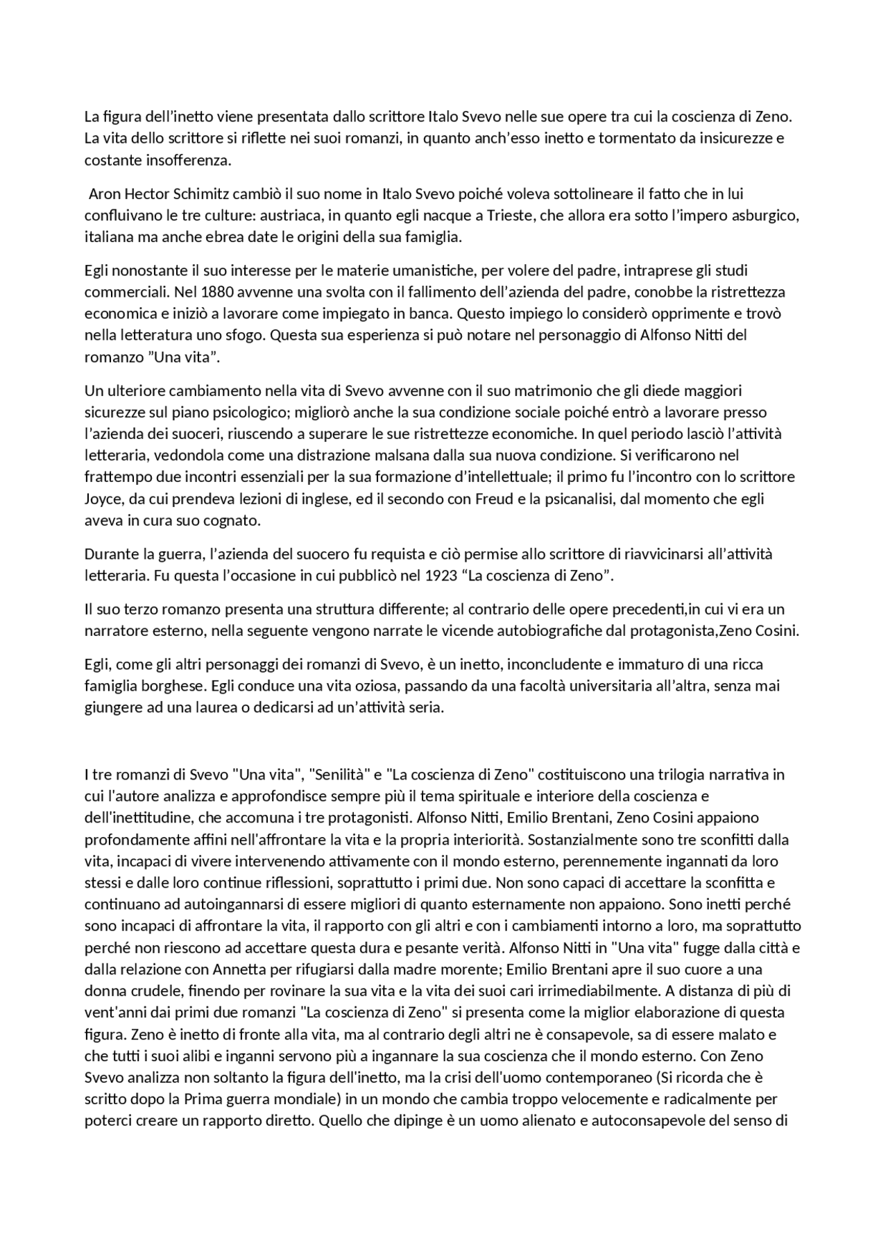 Zeno Cosini, la figura dell'inetto - Docsity