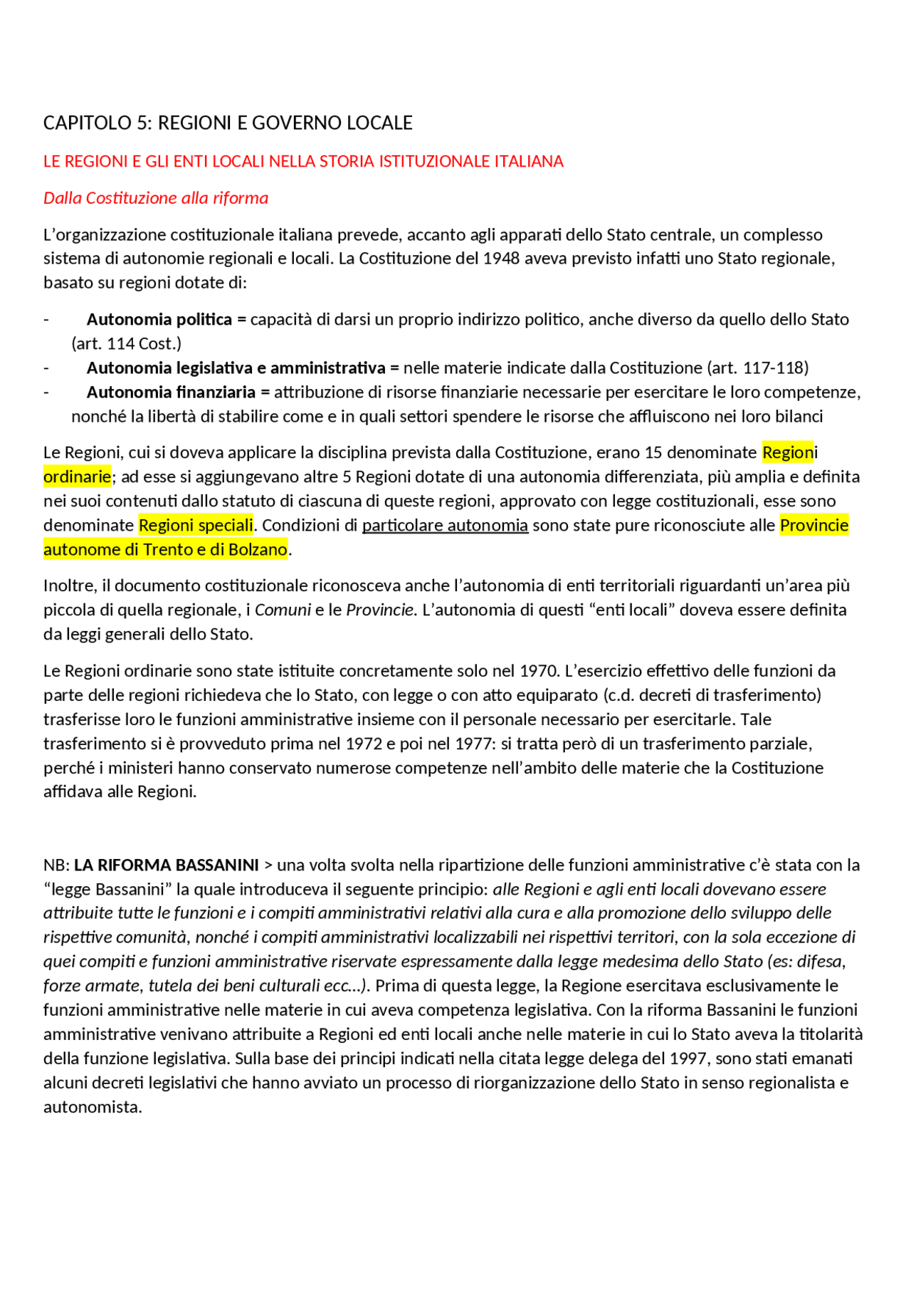 Regioni e governo locale - Docsity