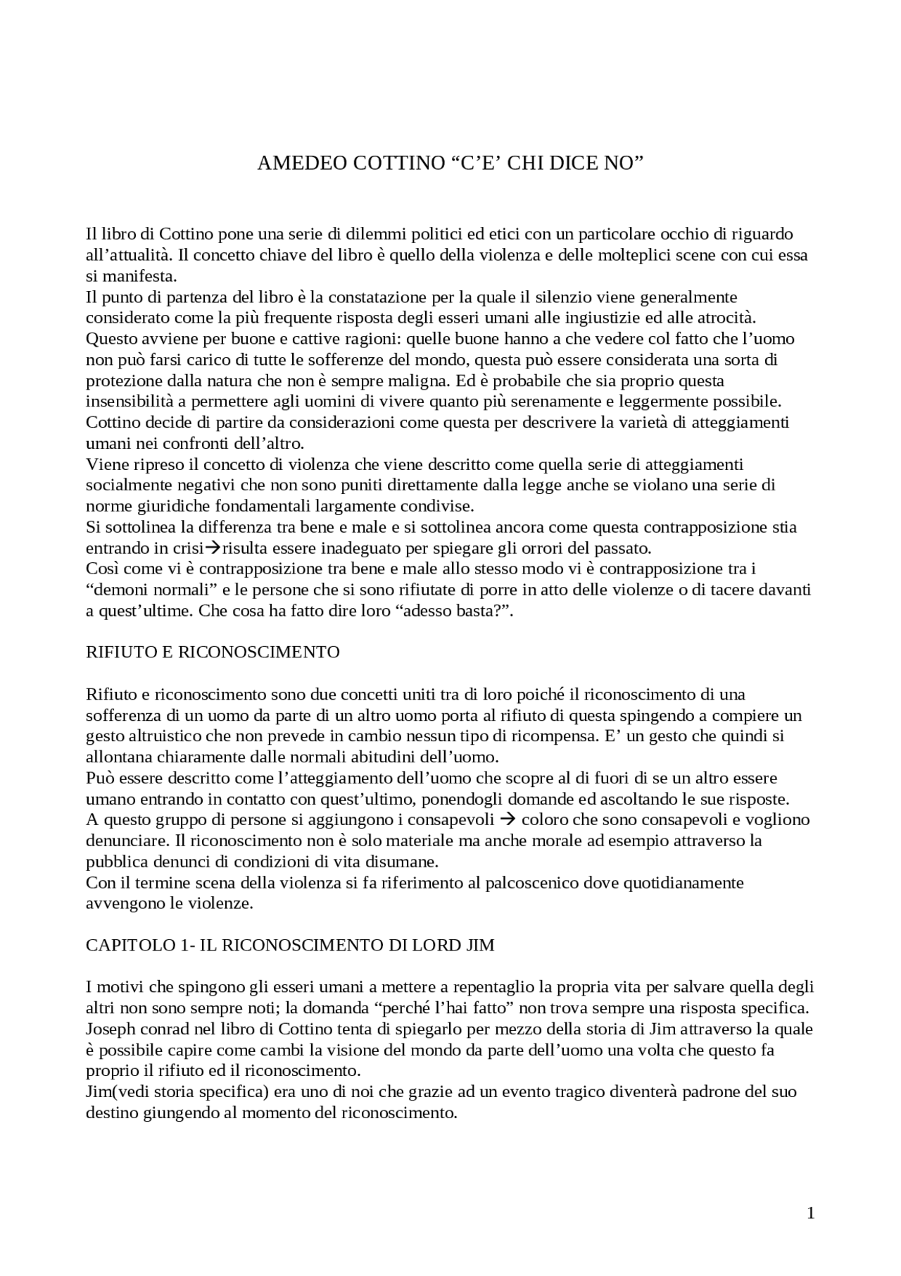 Riassunto del libro C'è chi dice no di Amedeo Cottino - Docsity