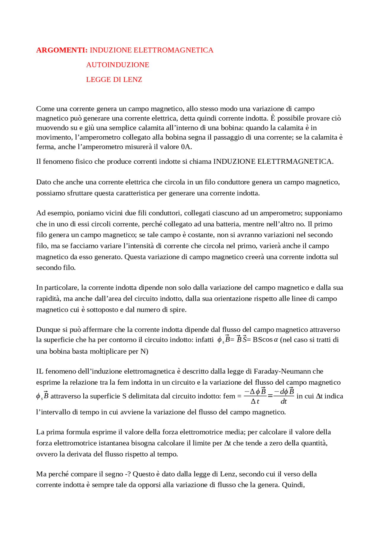 ELETTROMAGNETISMO. Induzione, autoinduzione, legge di Lenz. | Appunti di Fisica - Docsity