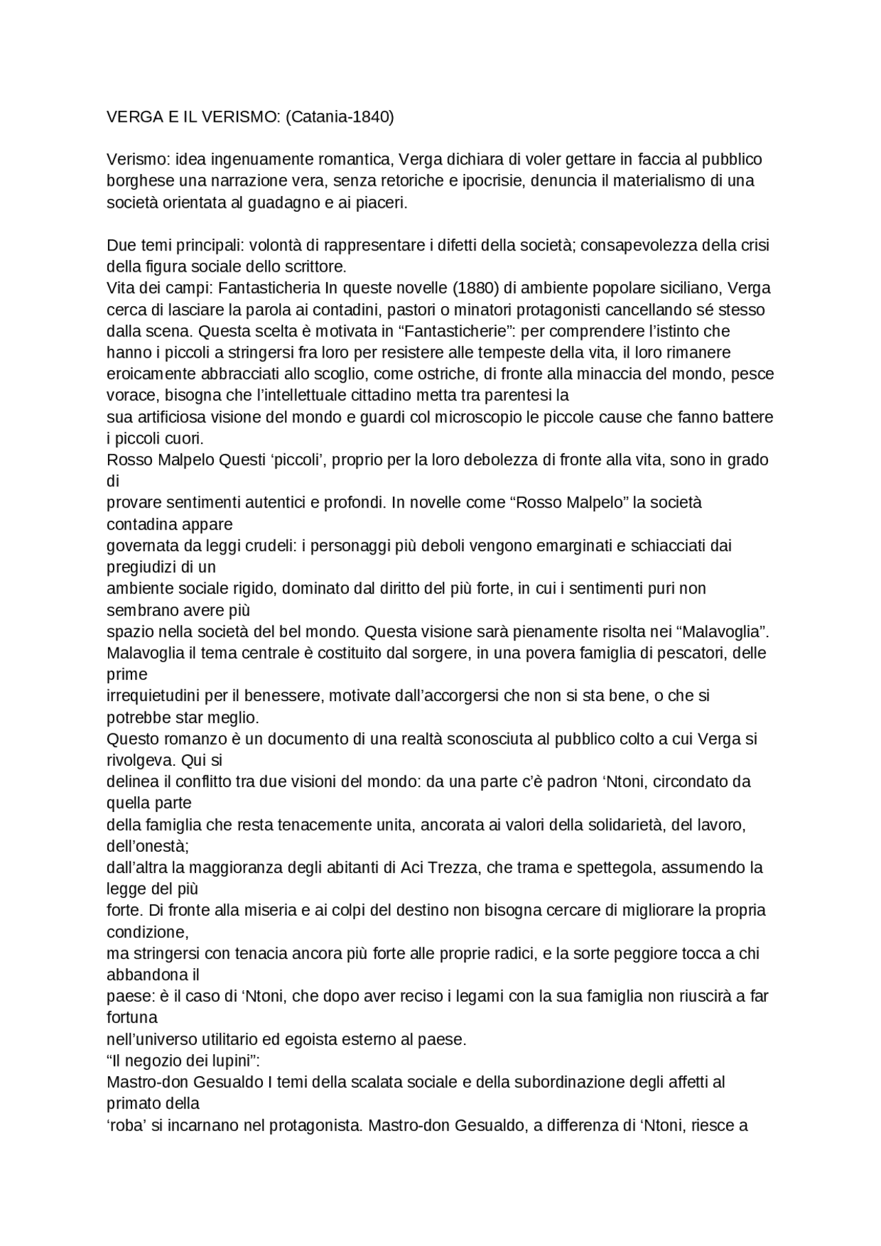 Verga e il verismo, in letteratura italiana - Docsity