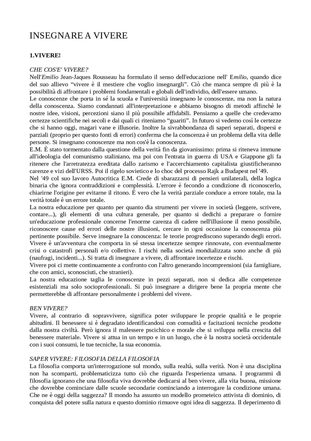 Riassunto Insegnare A Vivere Docsity