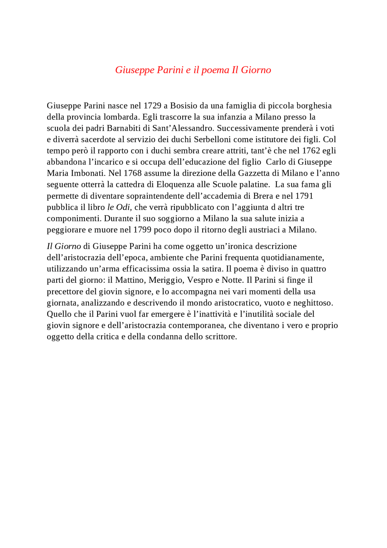 Il Poema Il Giorno Di Parini Docsity