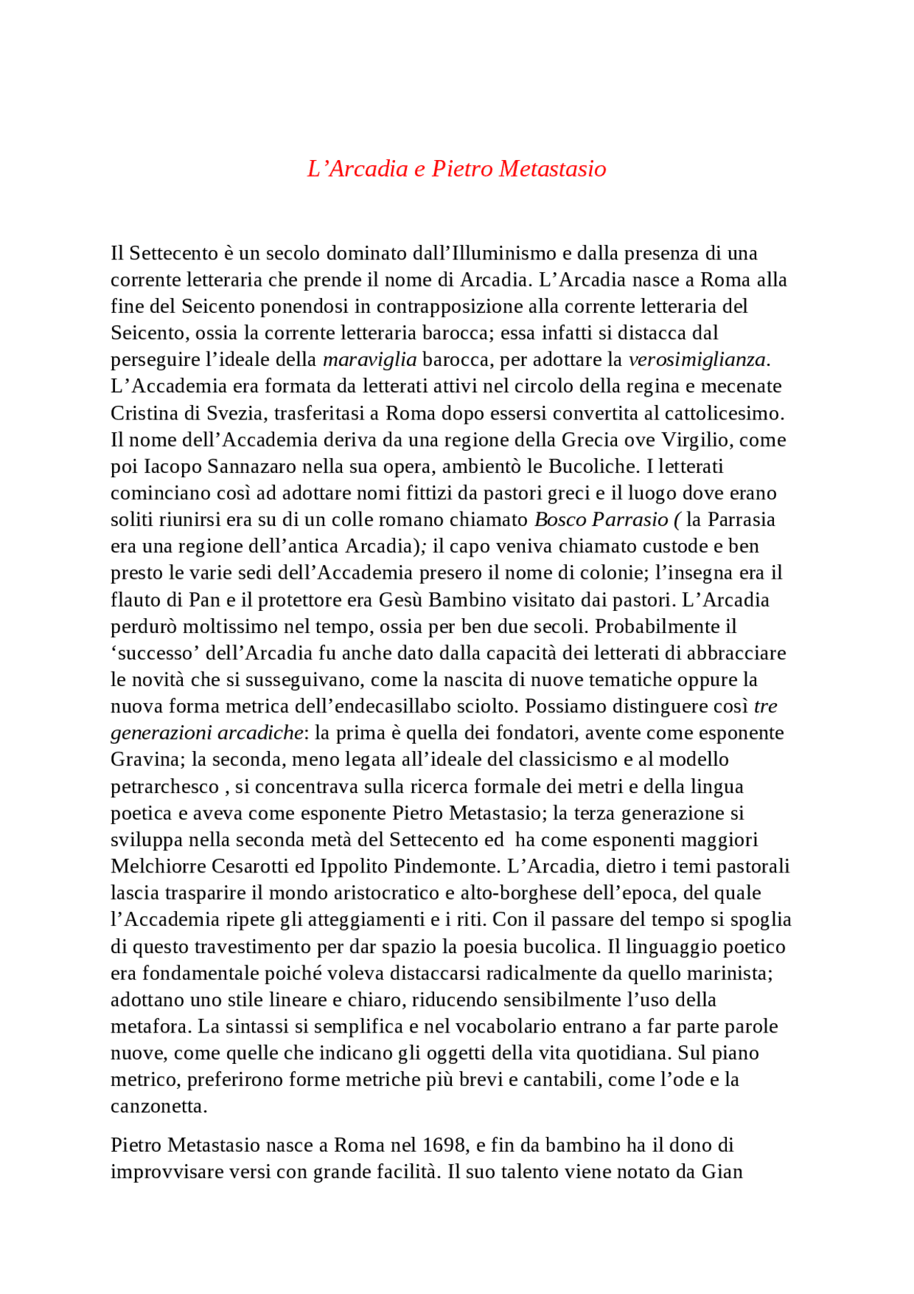 Larcadia E Pietro Metastasio Docsity