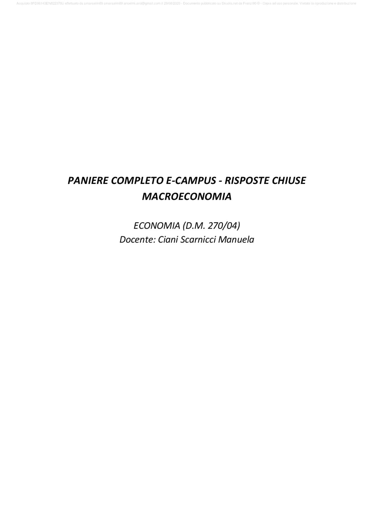 Paniere Macroeconomia Risposte Multiple Docsity