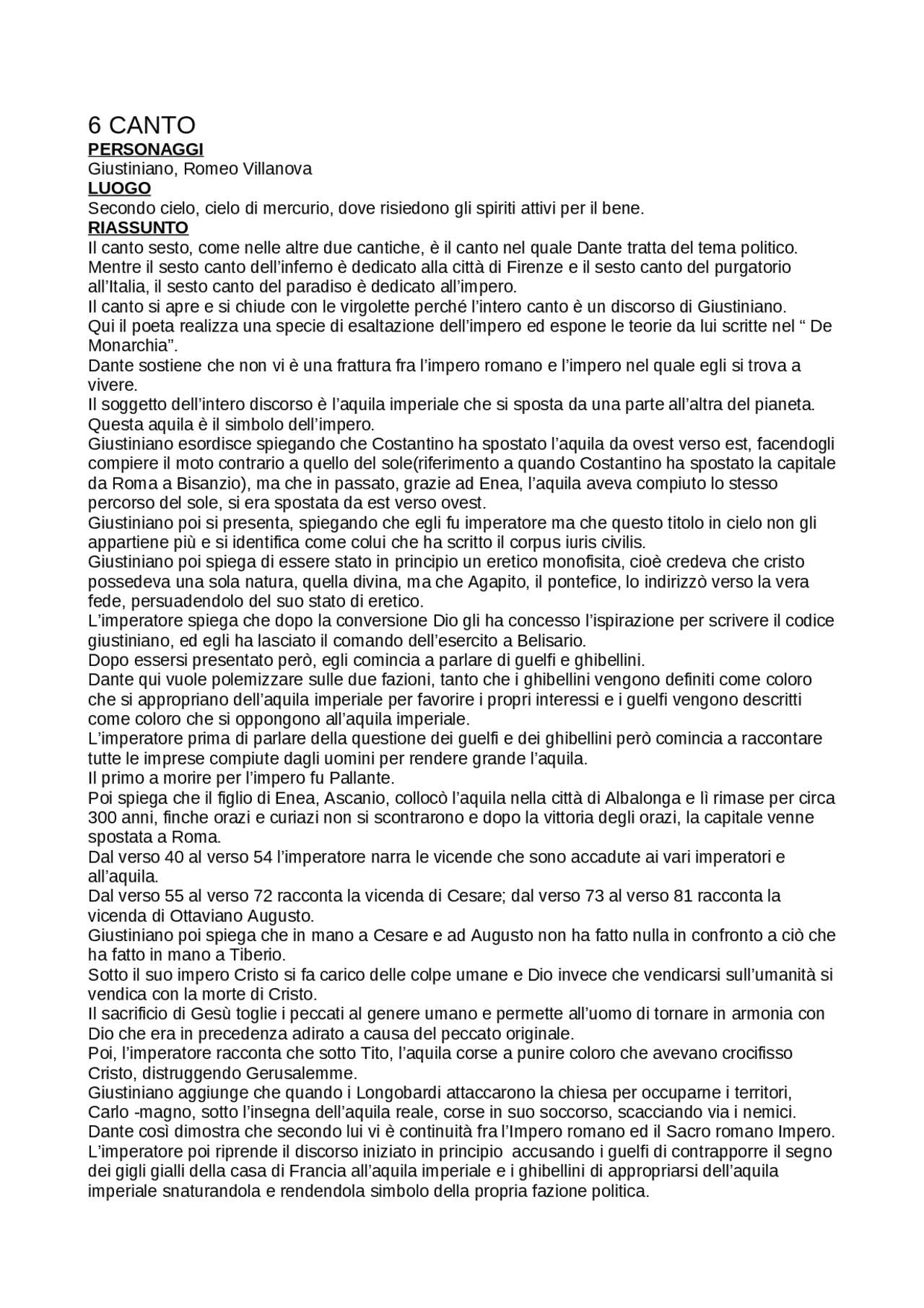 Riassunto 6 Canto Paradiso Dante Docsity