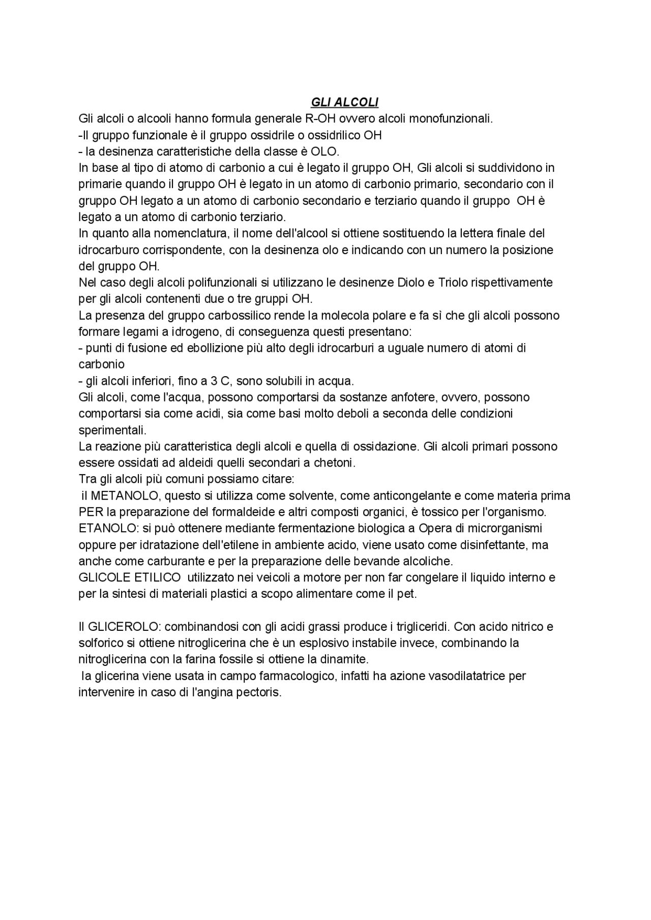 Gli Alcoli, appunti per liceo scientifico, linguistico e classico - Docsity