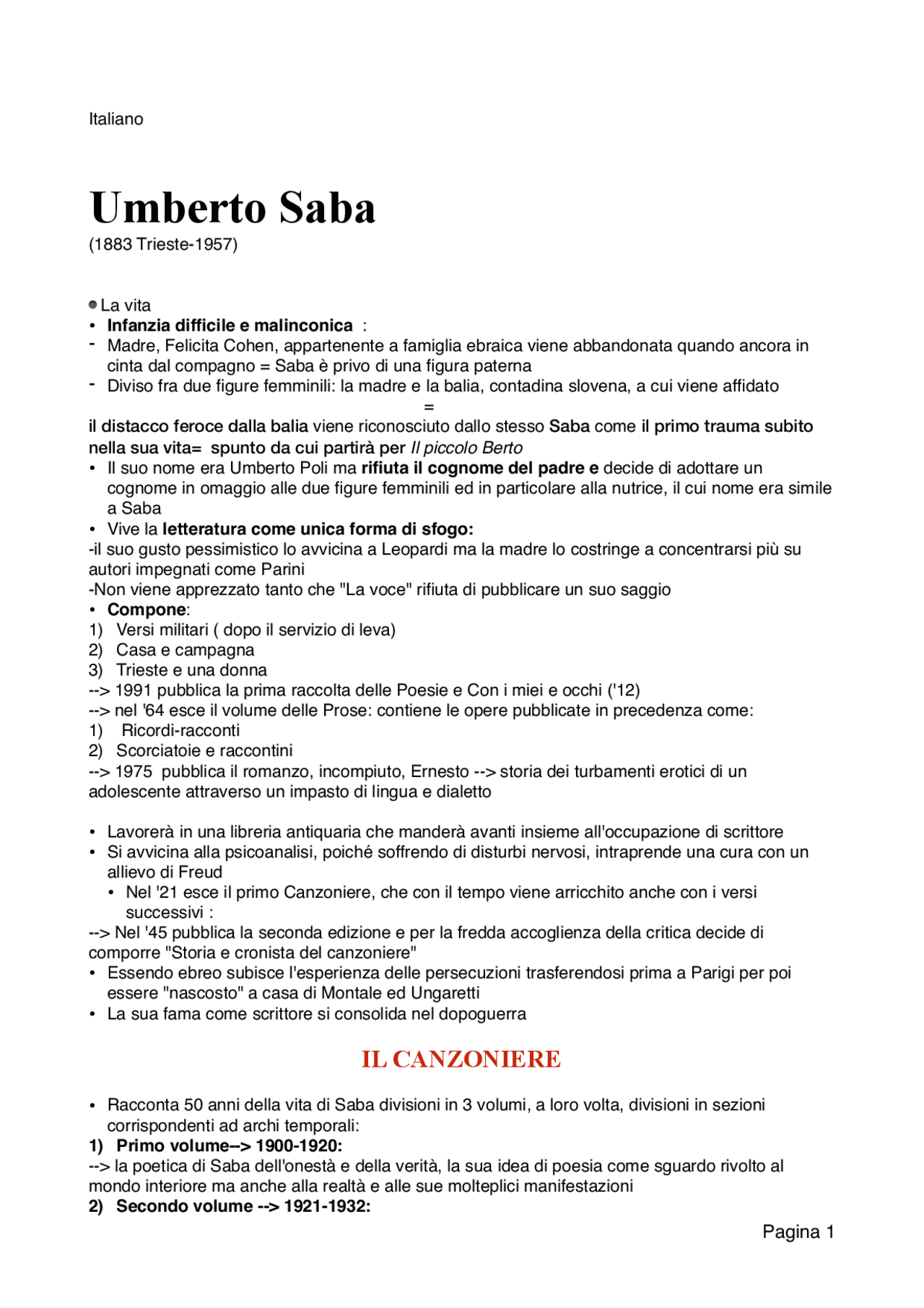 Vita E Opere Di U Saba Docsity