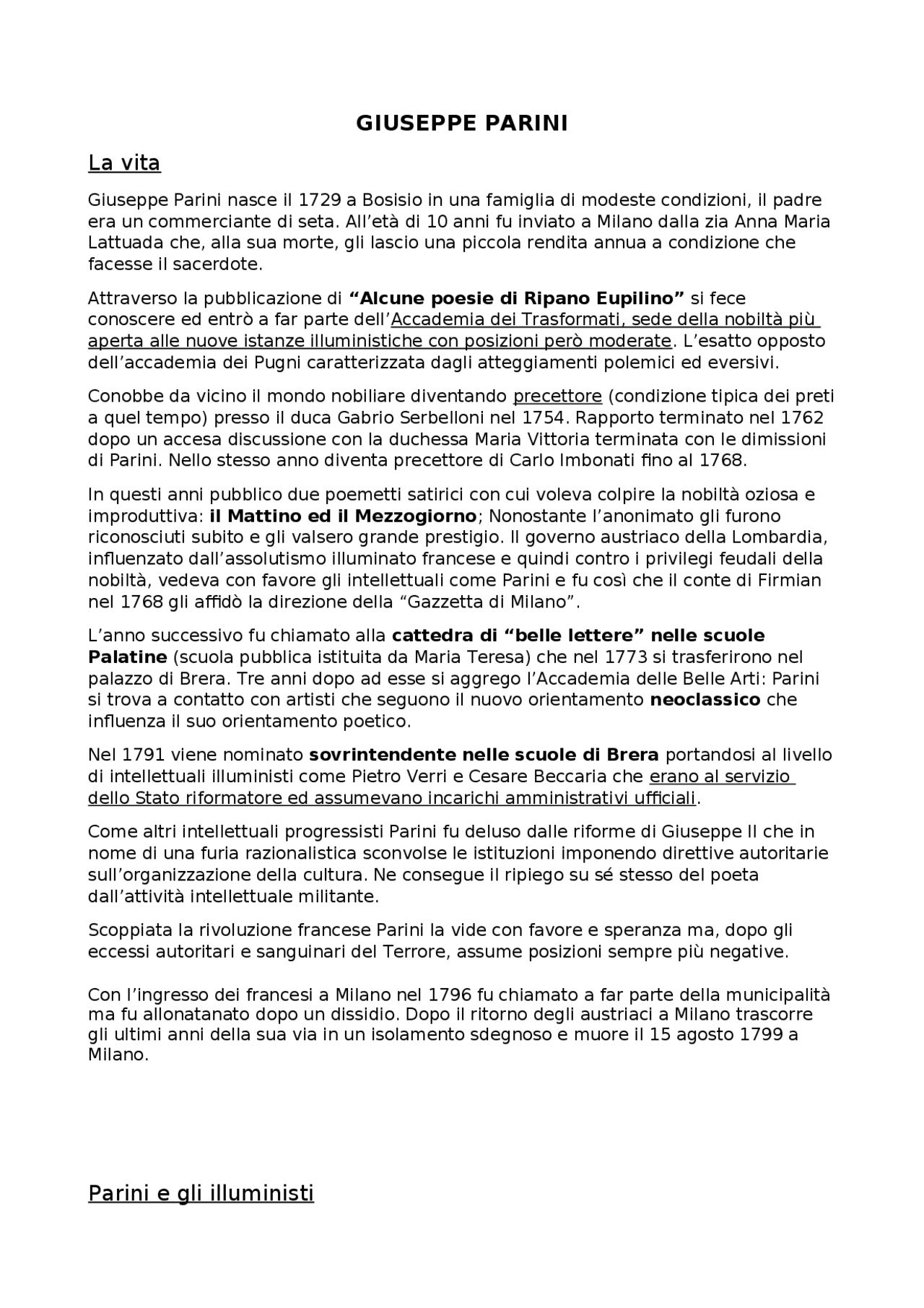 Giuseppe Parini Appunti Docsity