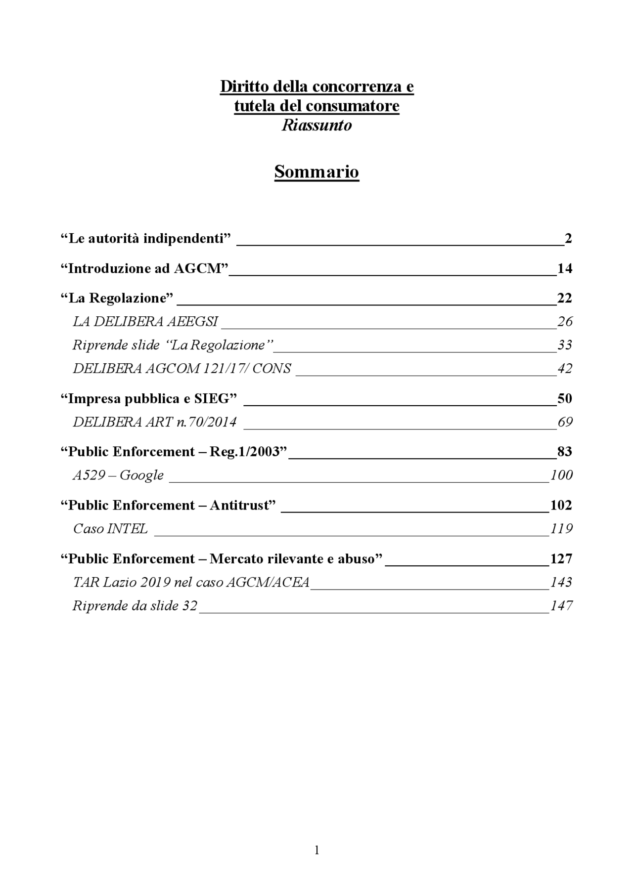 Riassunto Esame Diritto della Concorrenza - Prof. Cintioli - Docsity
