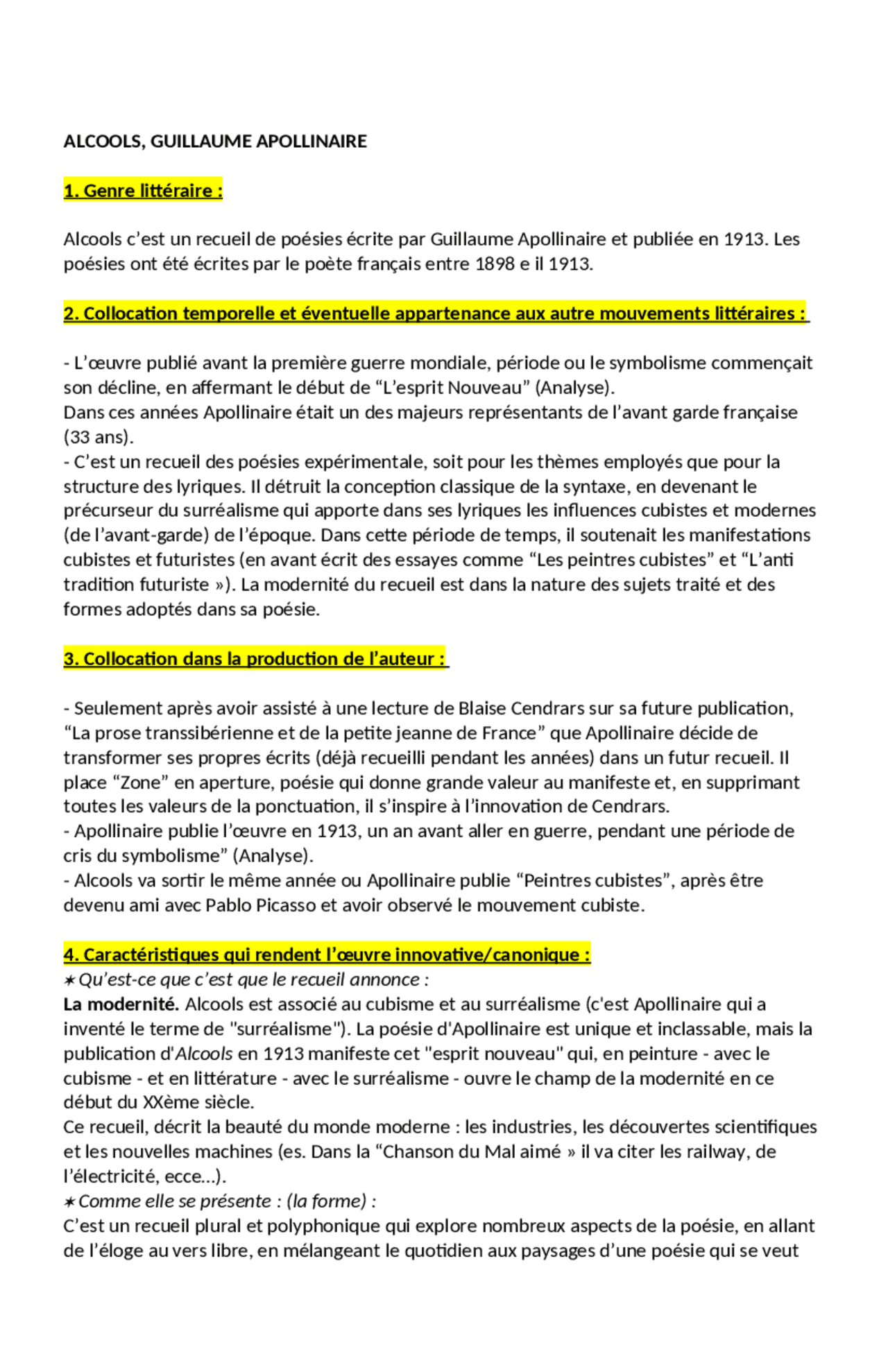 Analisi Alcools Di Apollinaire Appunti Di Letteratura Francese Docsity