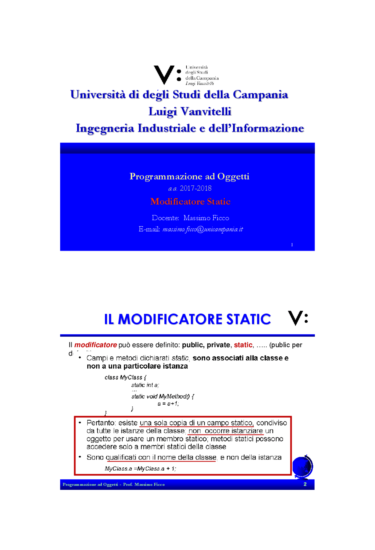 Il Modificatore Static Java Docsity