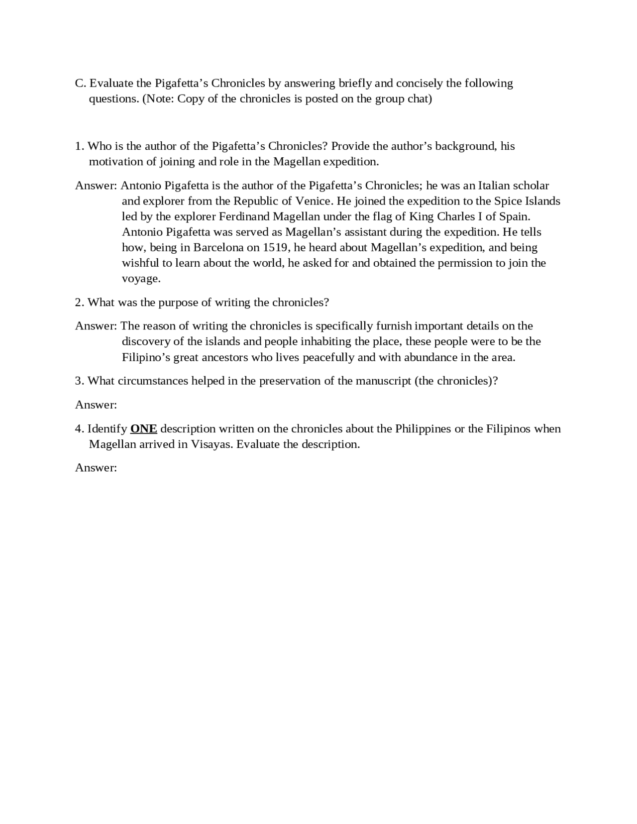 Pigafetta's Chronicles - Docsity